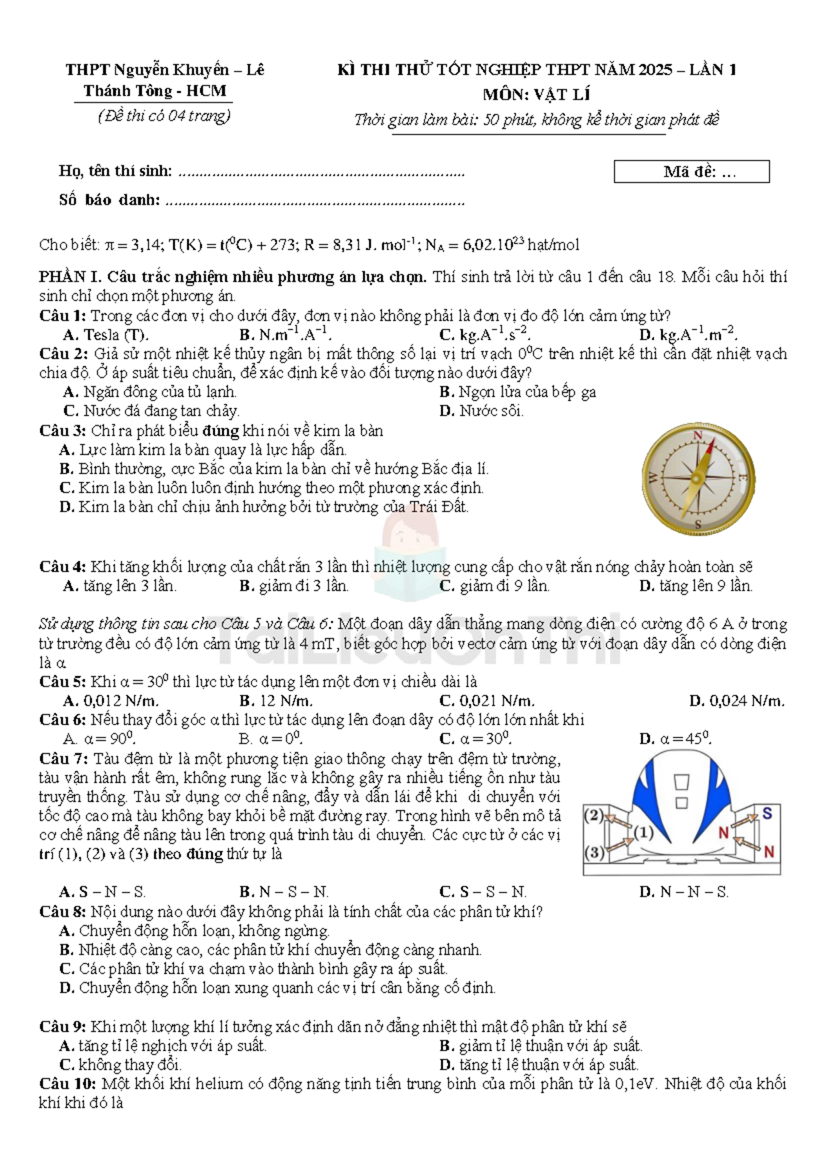 THPT Nguyễn Khuyến - Lê Thánh Tông HCM - Kỳ Thi Thử Tốt Nghiệp THPT Môn ...