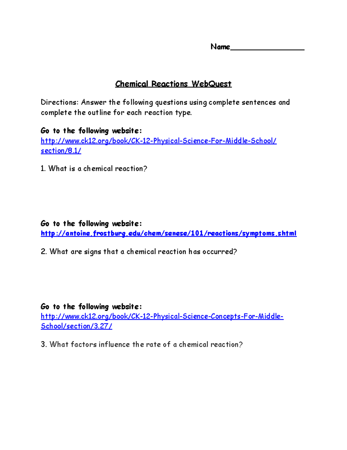Chemical Reactions Webquest - Name________________ Chemical Reactions ...
