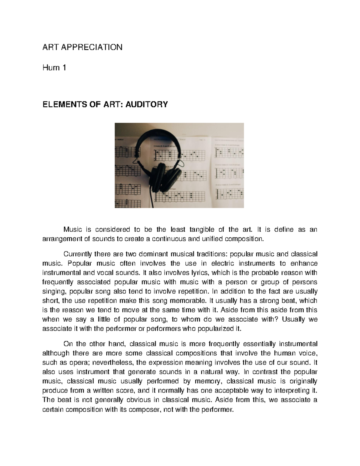 Art Appreciation Hum 1 - Auditory Elements in Music Analysis - Studocu