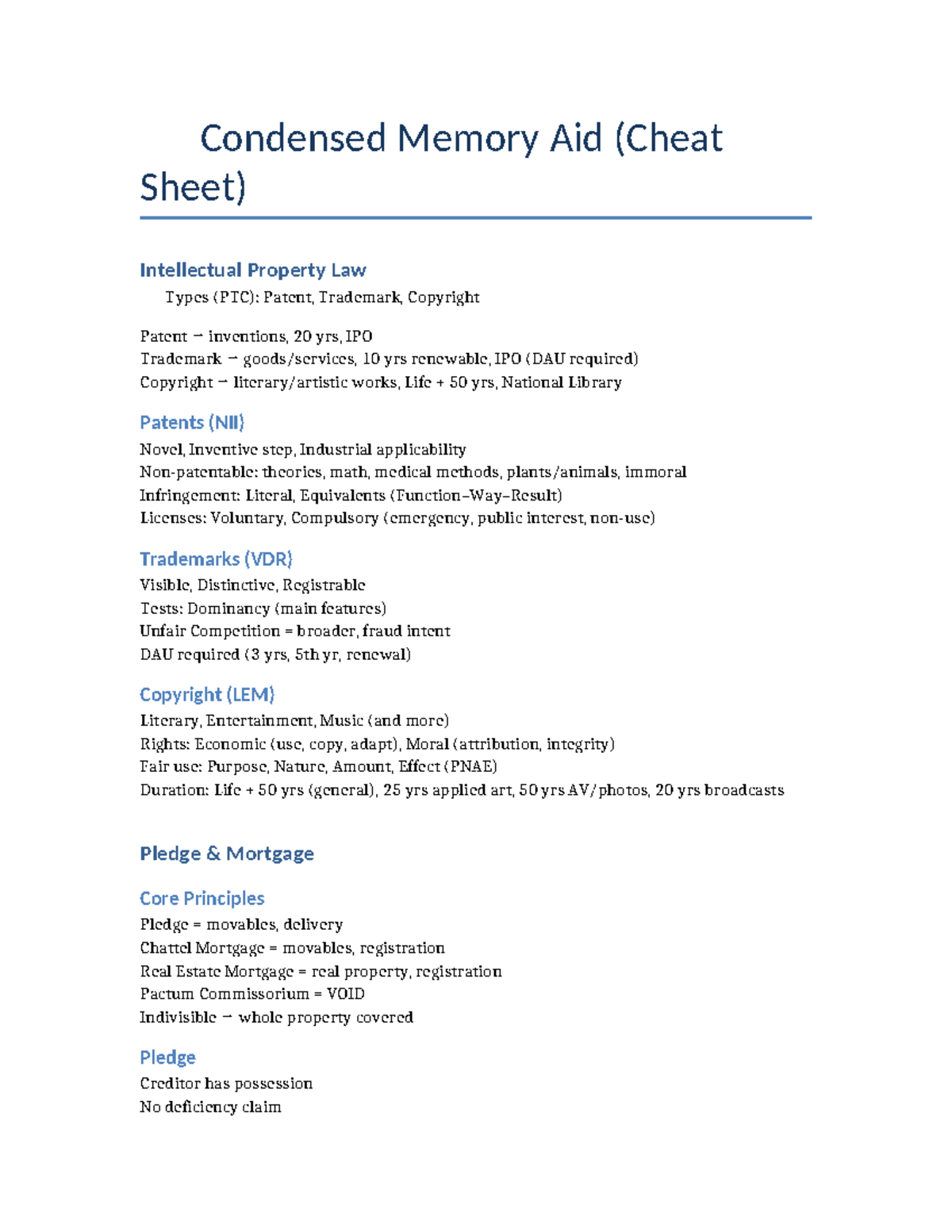 Condensed Cheat Sheet: Intellectual Property Law Types (PTC) - Studocu