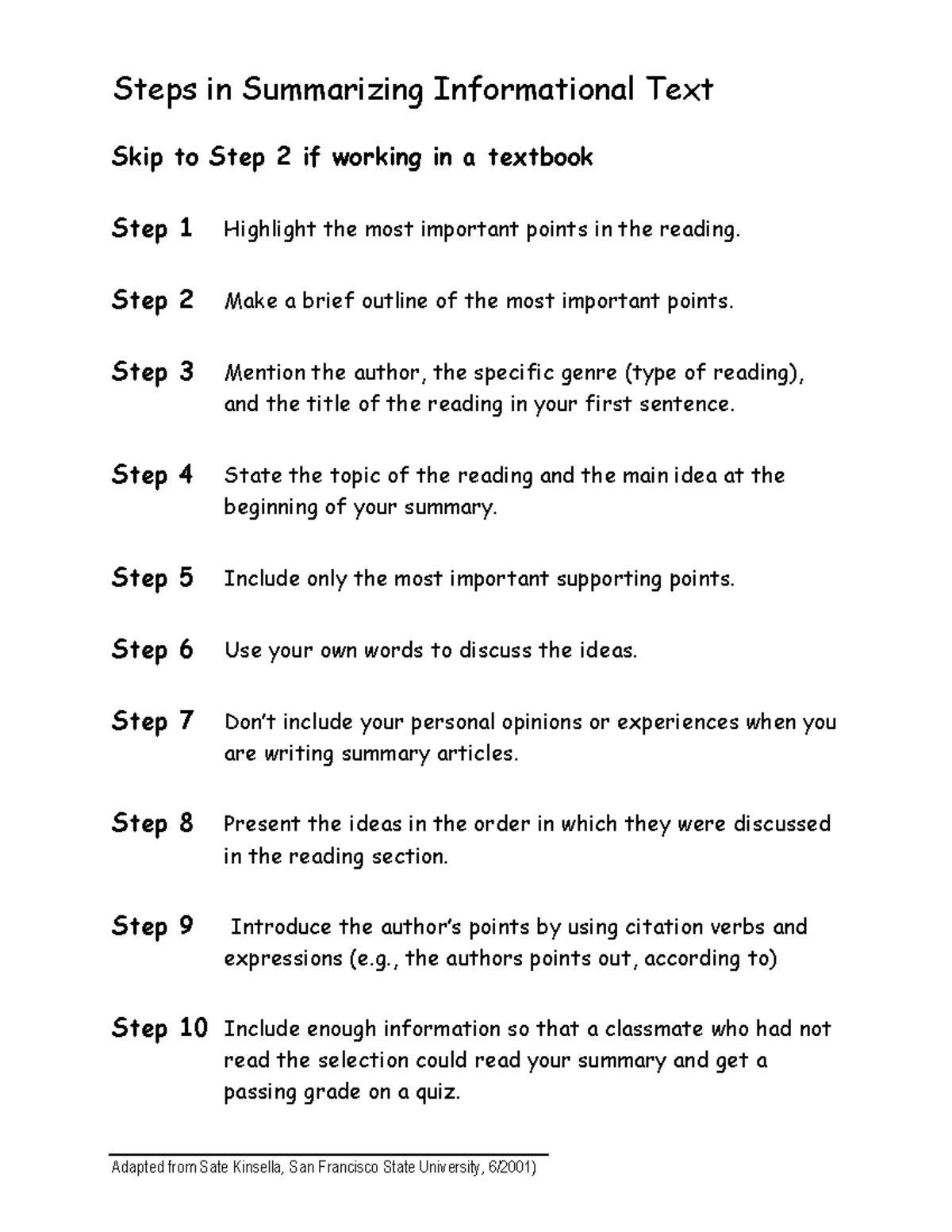 Steps Summarizing Informational Text - Adapted from Sate Kinsella, San ...