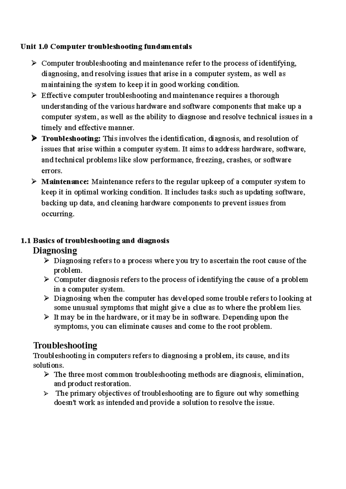 Chapter-1 Notes - Unit 1 Computer troubleshooting fundamentals Computer ...