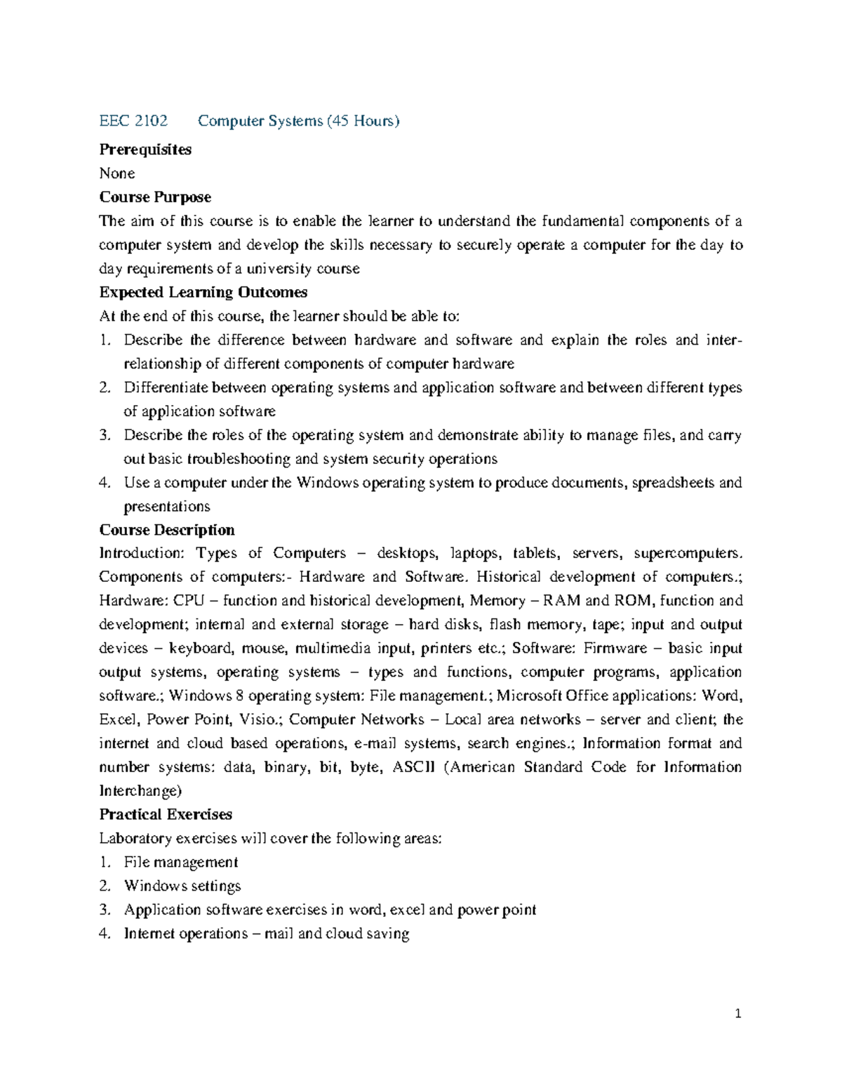 EEC 2102 Computer Systems Course Overview and Learning Outcomes - Studocu