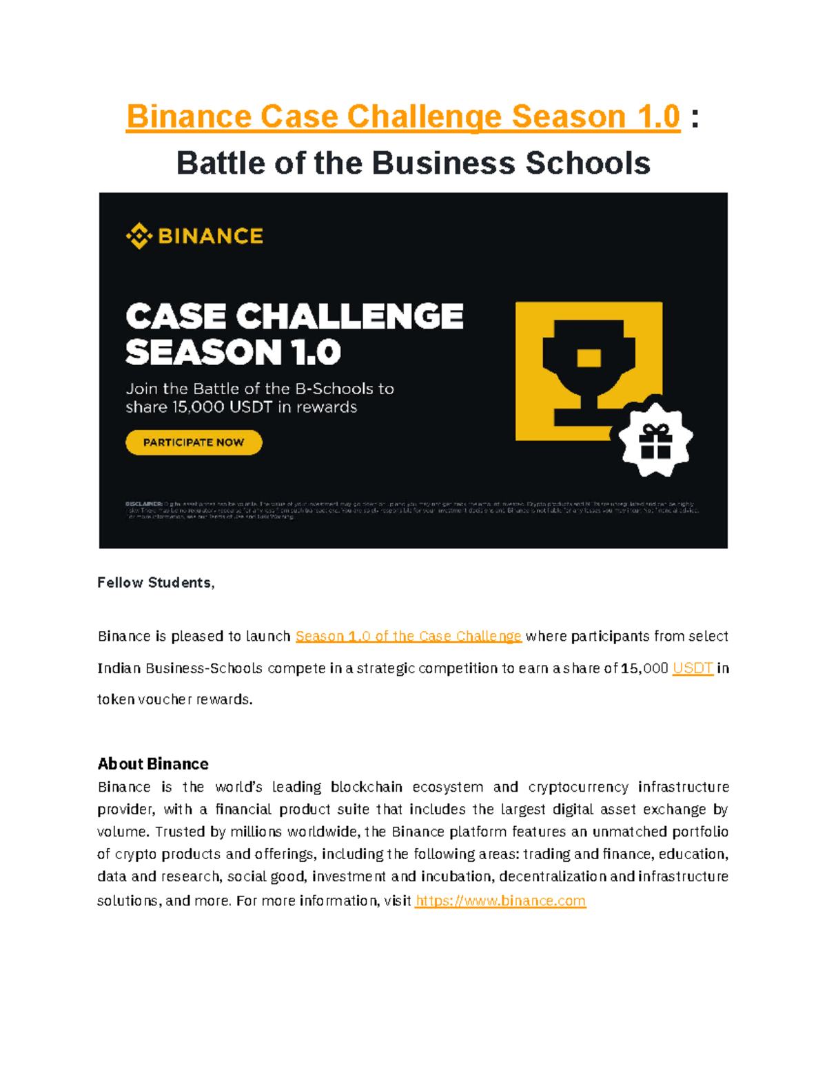 Binance Case Challenge Season 1: Business School Strategy Battle - Studocu