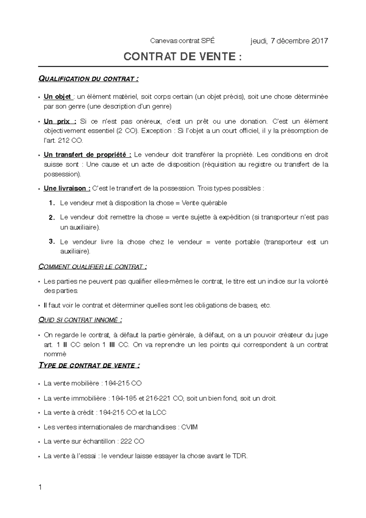 Canevas Contrats SPE - Contrats spéciaux Analyse : Les parties au ...
