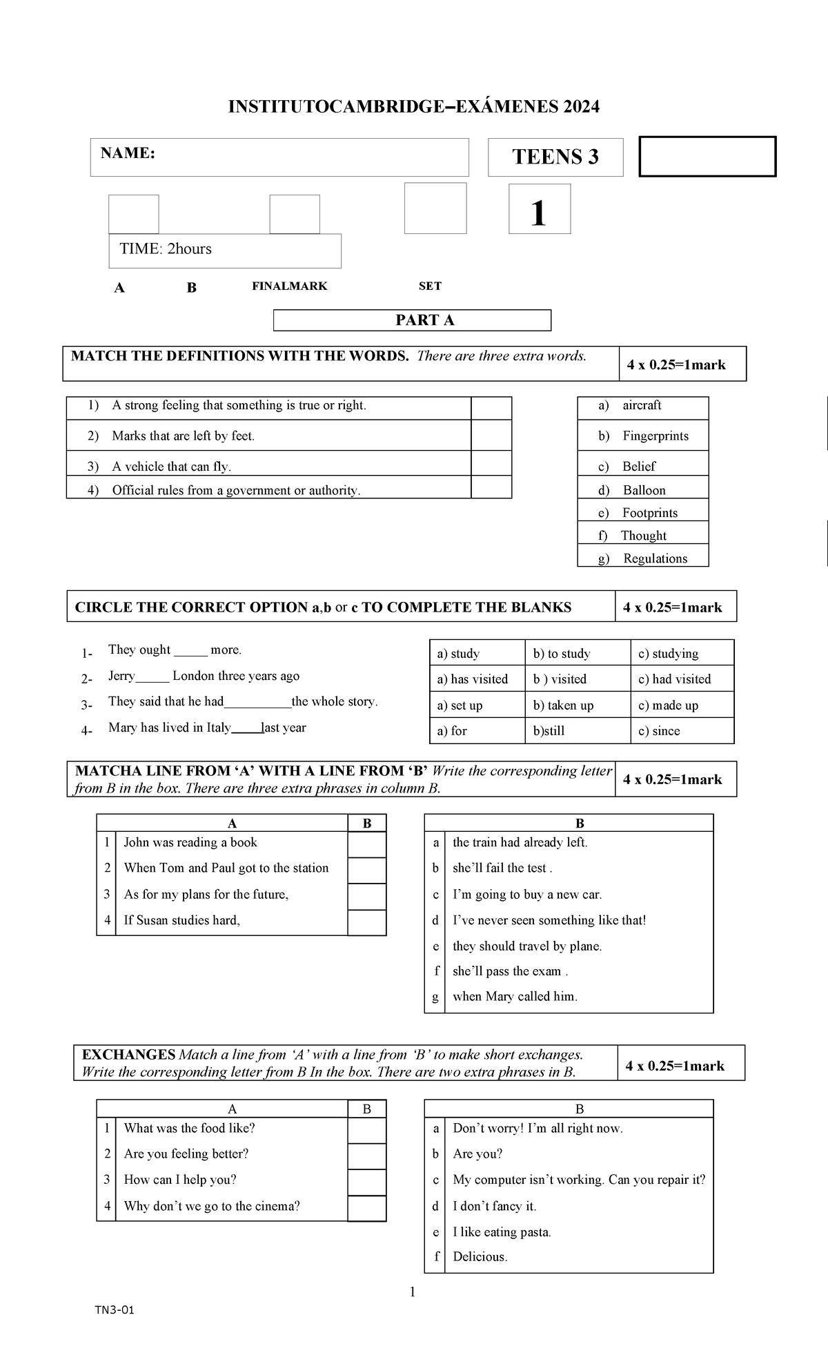 Teens 3 Final Exam Model 2024: Vocabulary and Grammar Exercises - Studocu