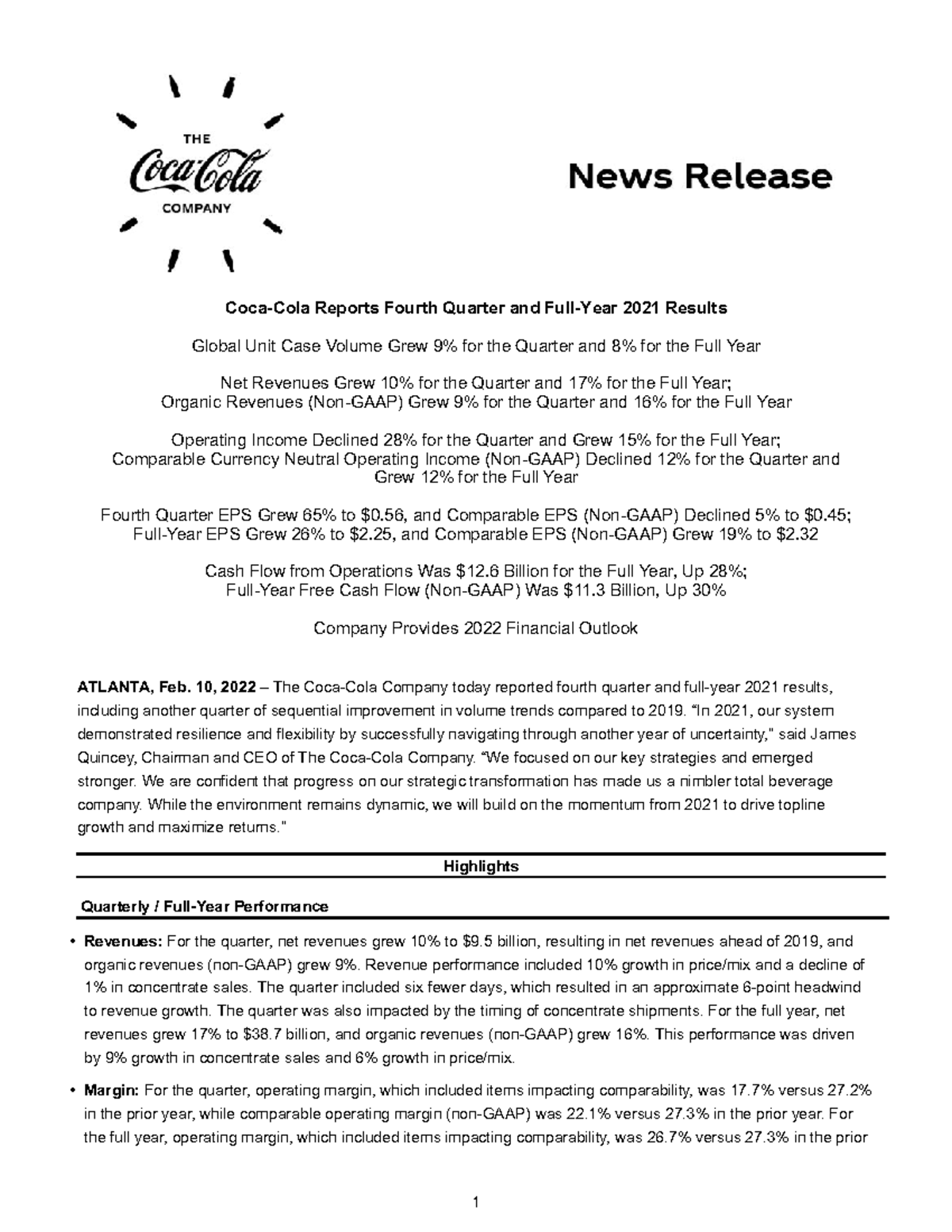 2022-02-10 Coca-Cola Q4 & Full Year 2021 Financial Results Report - Studocu