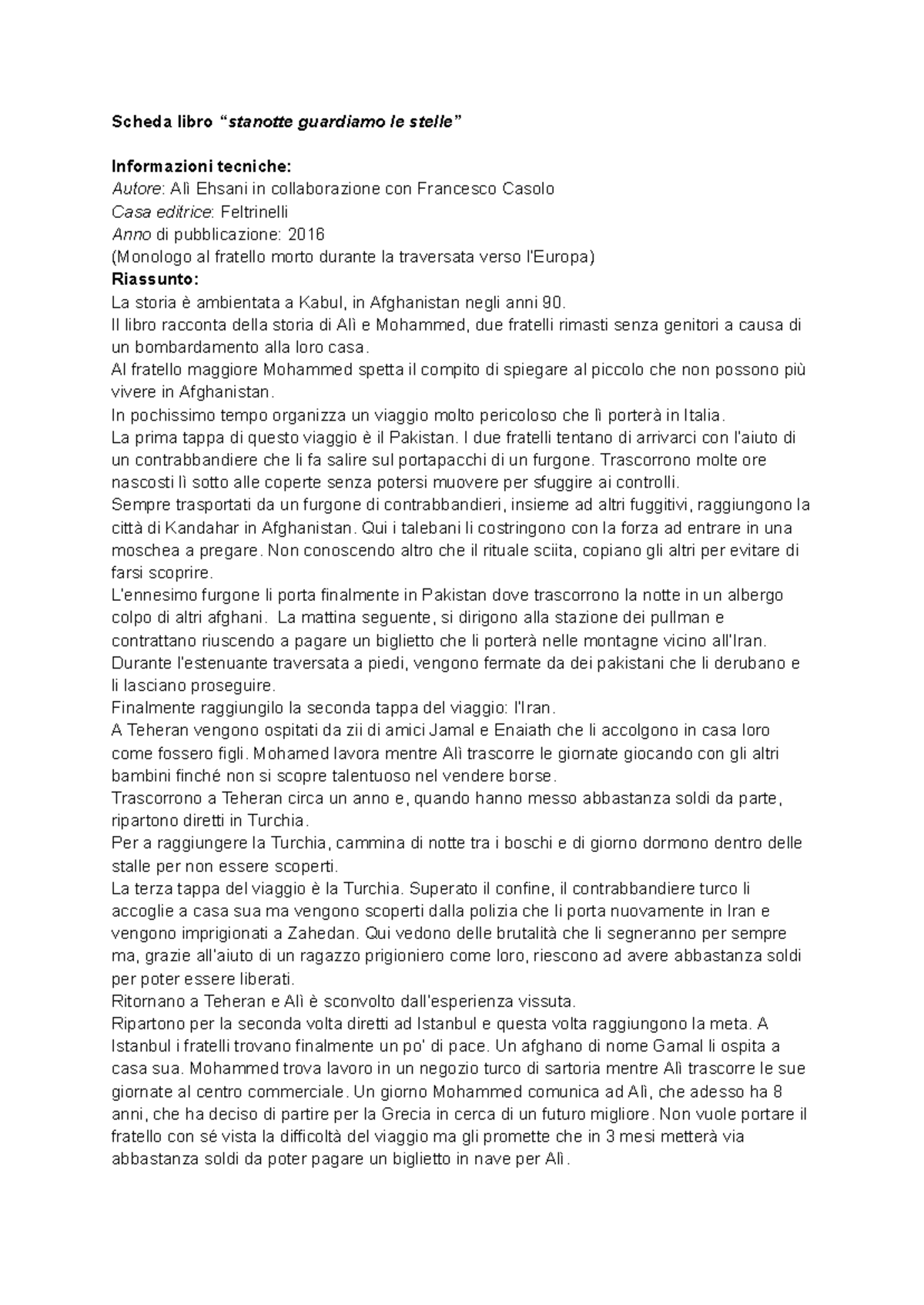 Scheda Libro: "Stanotte Guardiamo le Stelle" di Alì Ehsani - Studocu