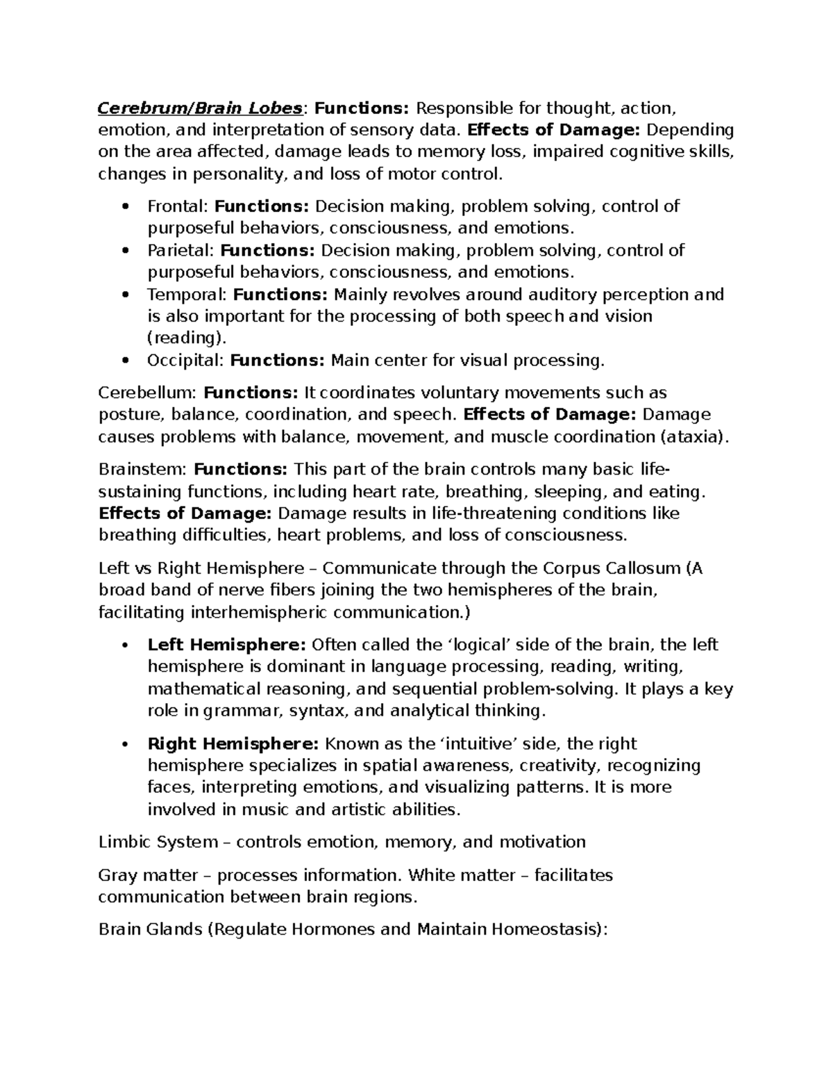 CEA Cheat Sheet: Brain Functions, Damage Effects, and Disorders - Studocu