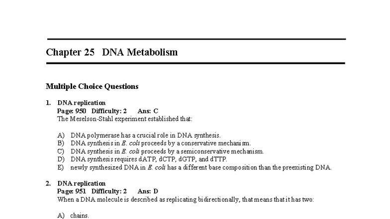 Chapter 25 DNA Metabolism MCQs: DNA Replication & Repair (A030080 ...