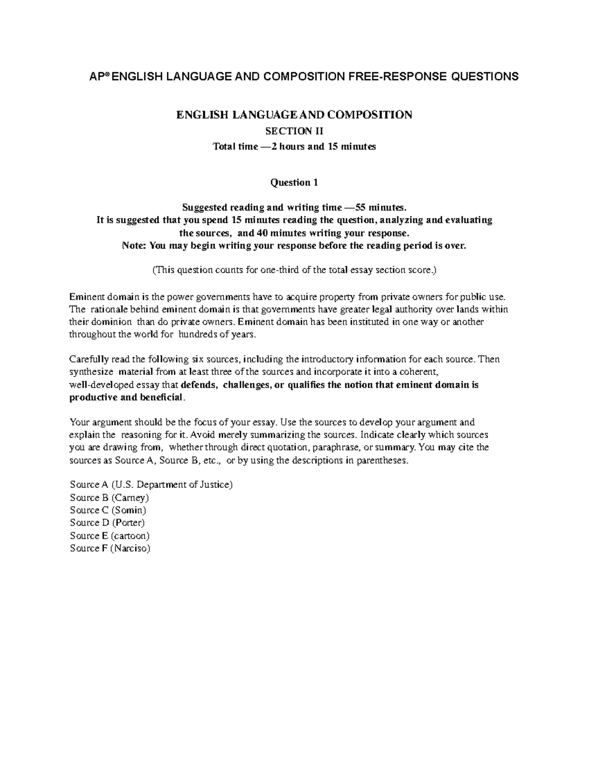 AP Lang Synthesis Essay Example: Prompt- Eminent Domain - AP®ENGLISH ...