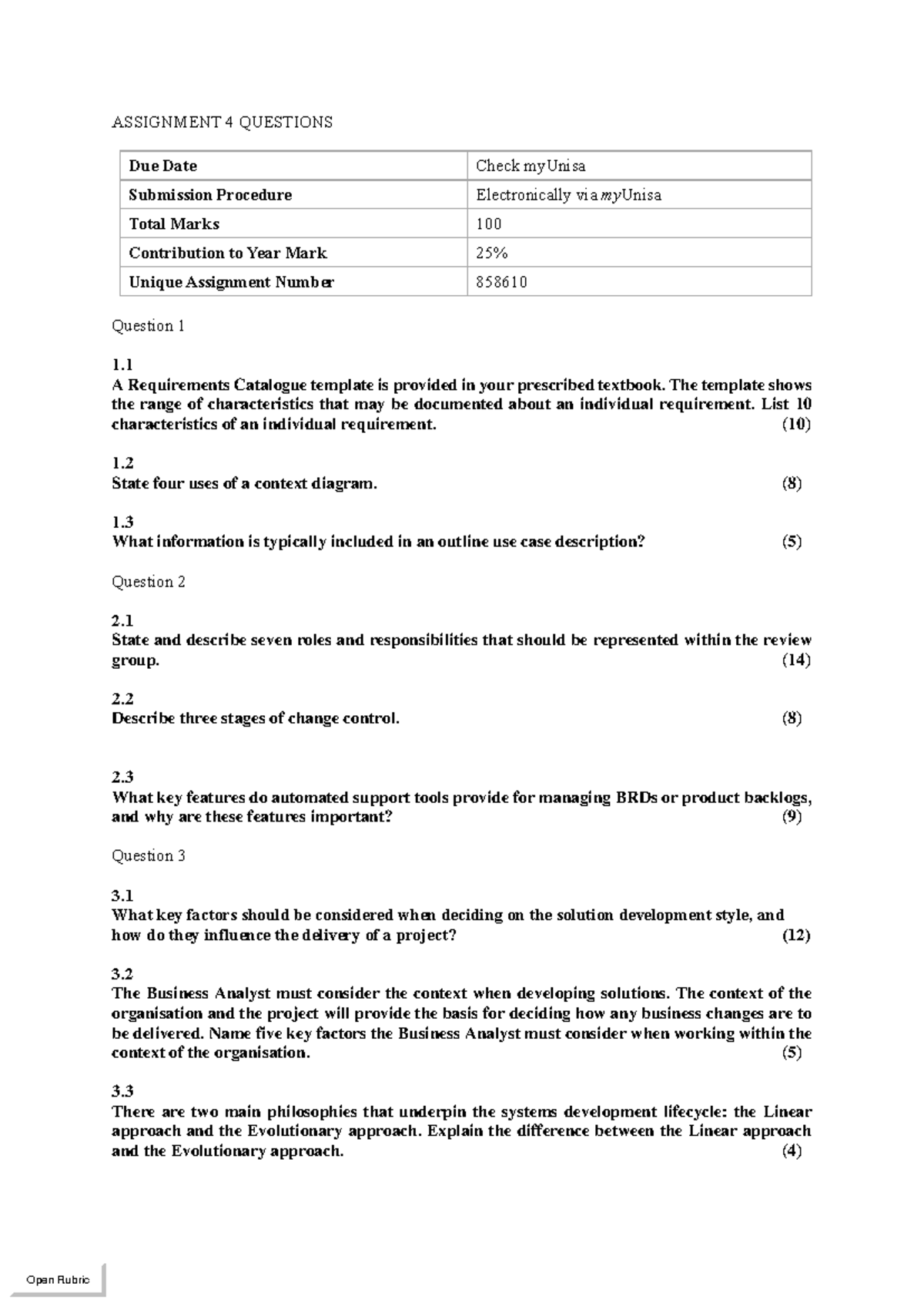 Business Analysis ASSIGNMENT 4: Questions & Guidelines (Unique No. 858610) - Studocu