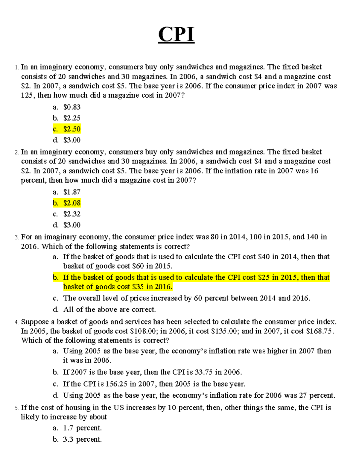 663295053 CPI Practice Exercises - CPI In an imaginary economy ...