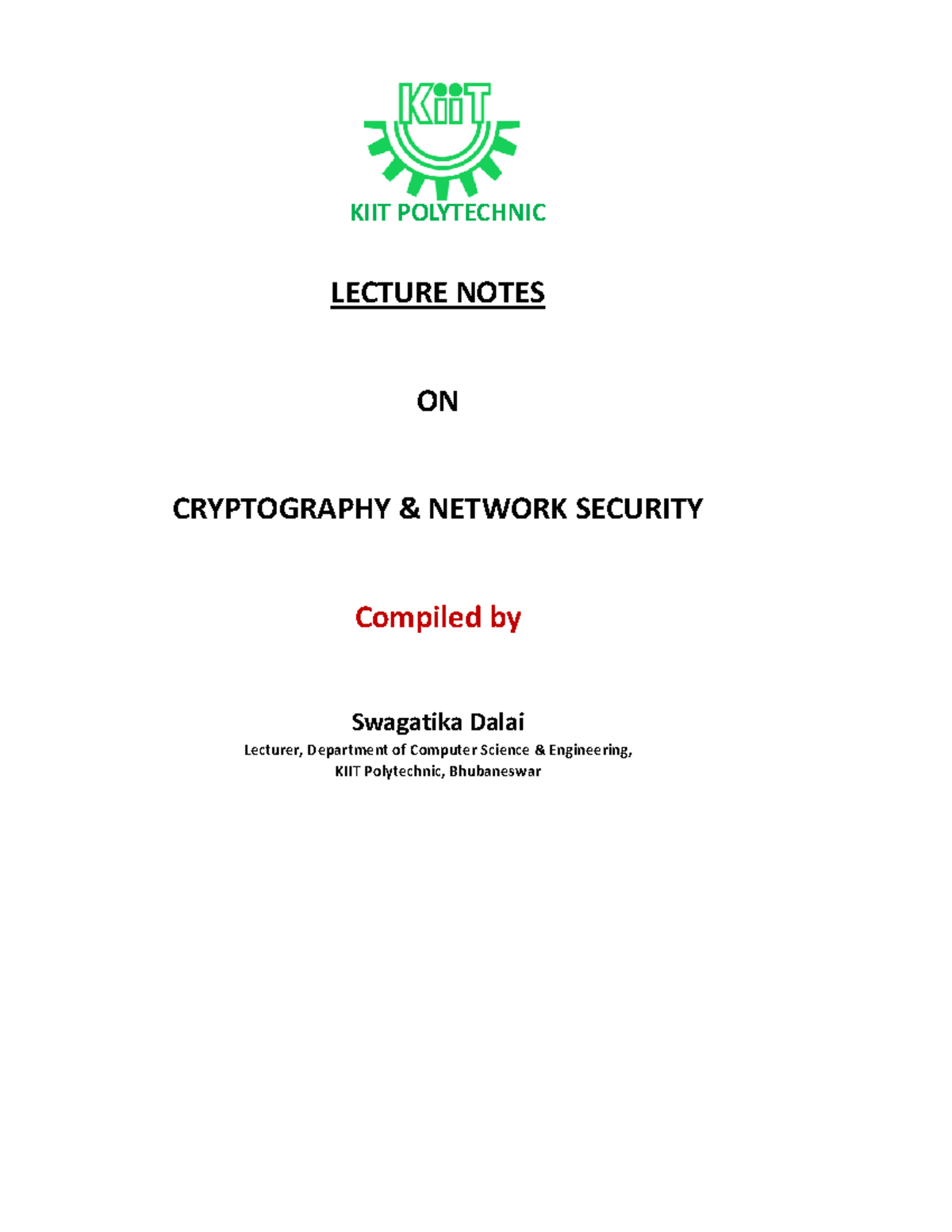 KIIT POLYTECHNIC LECTURE NOTES ON CRYPTOGRAPHY & NETWORK SECURITY - Studocu