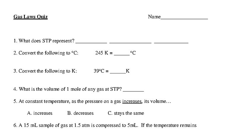 Gas Laws Quiz 1 Review: Key Concepts and Problems - Studocu