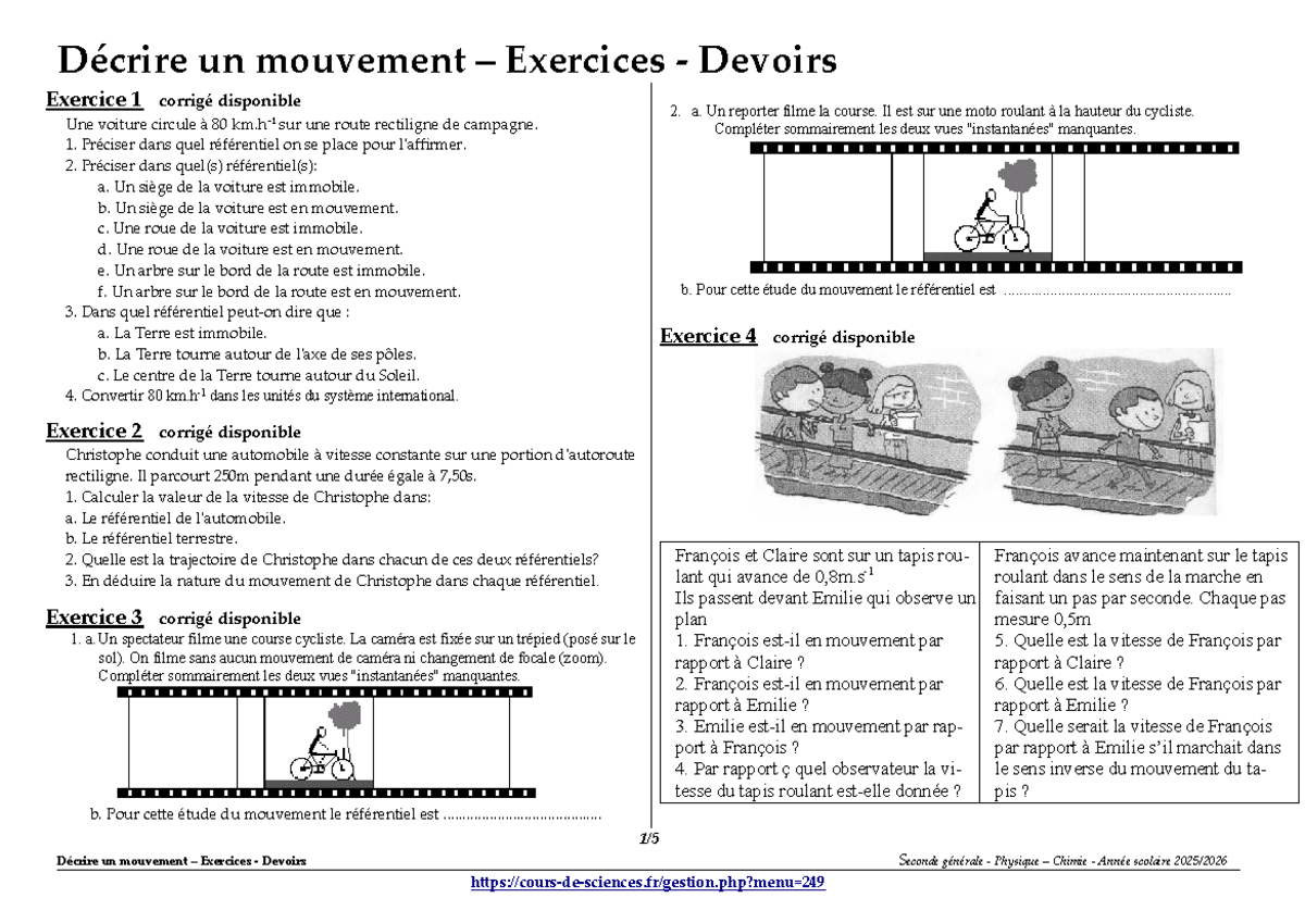 Décrire un mouvement - Exercices corrigés - Seconde Générale Physique ...