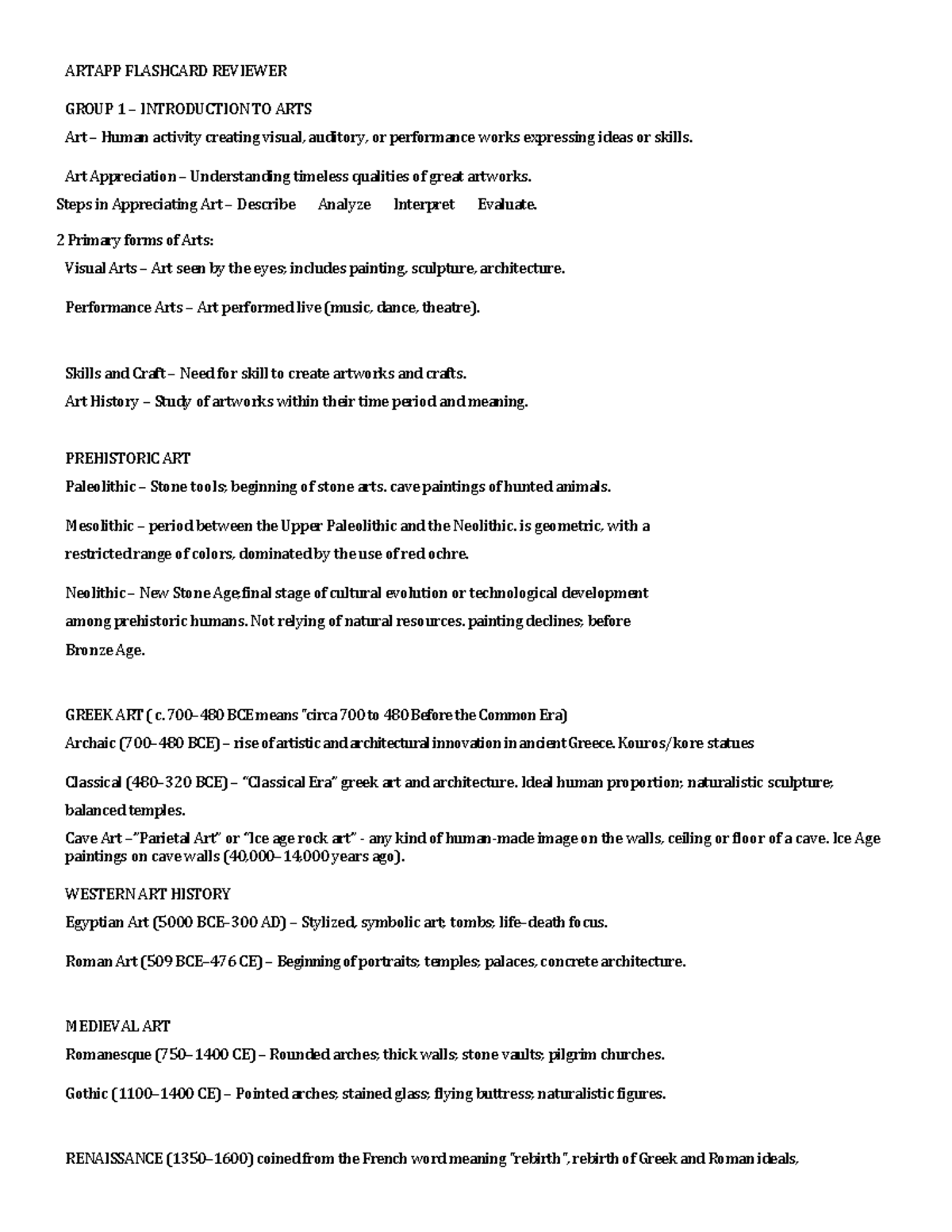 ARTAPP FLASHCARD REVIEWER GROUP 1: INTRO TO ARTS - Studocu