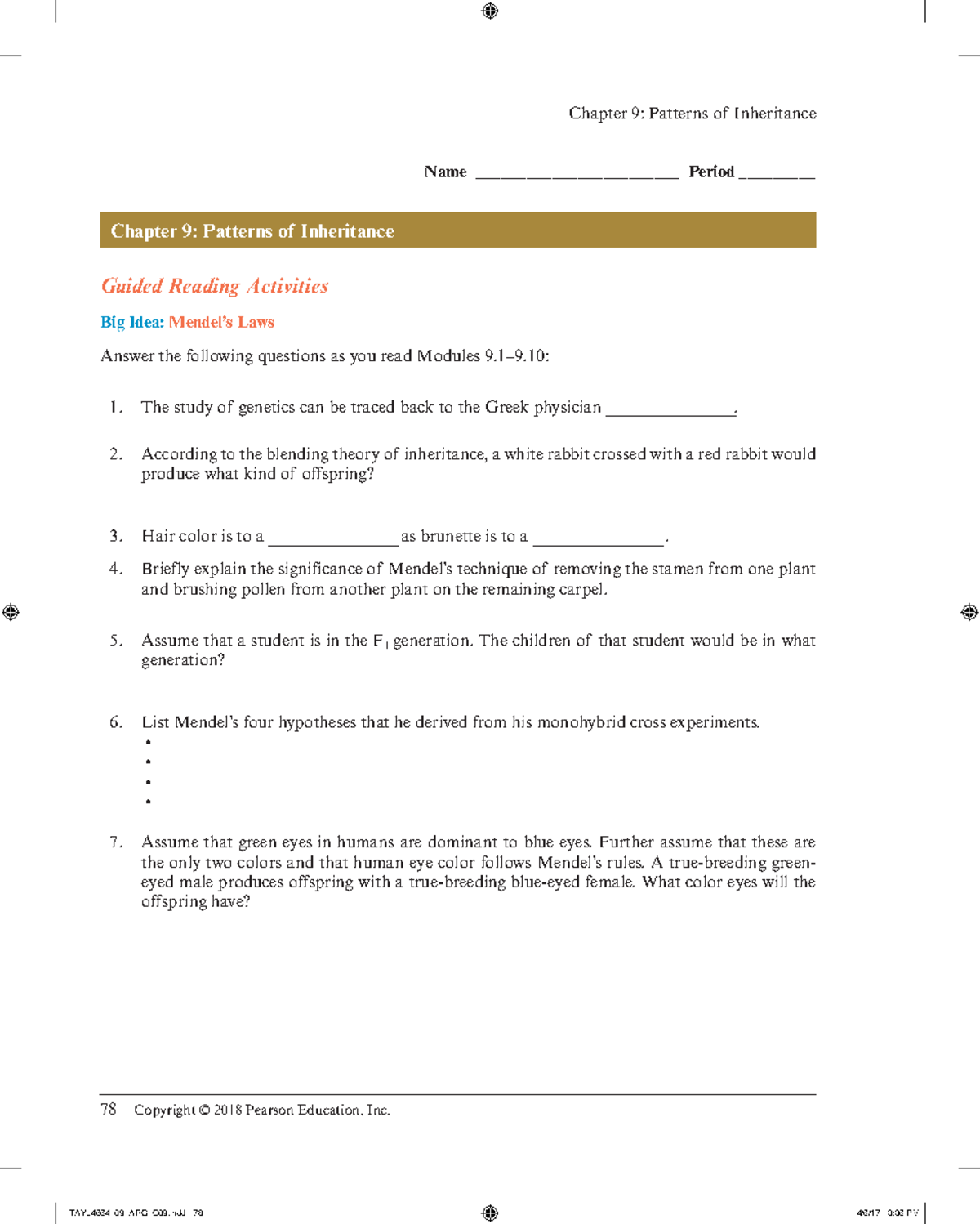 Guided Reading for Chapter 09: Patterns of Inheritance - Studocu