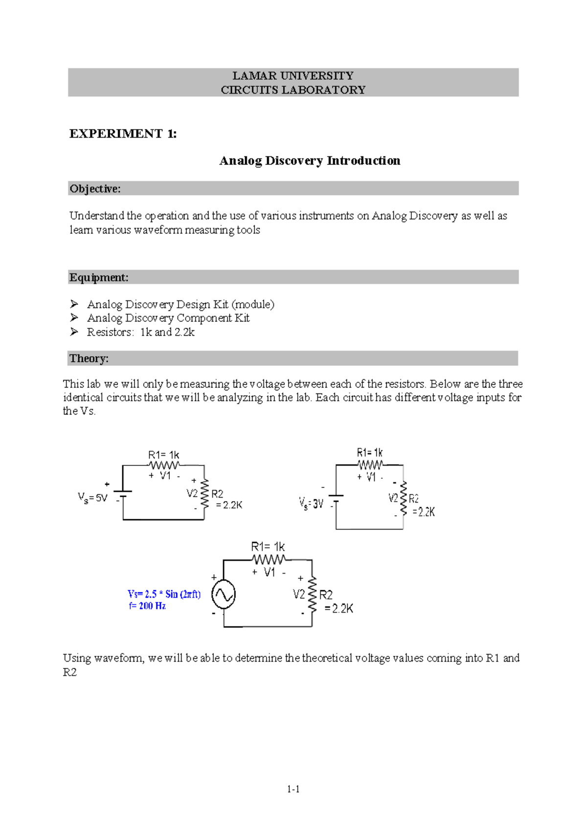LAMAR UNIVERSITY CIRCUITS LAB 1: Analog Discovery Intro & Results - Studocu