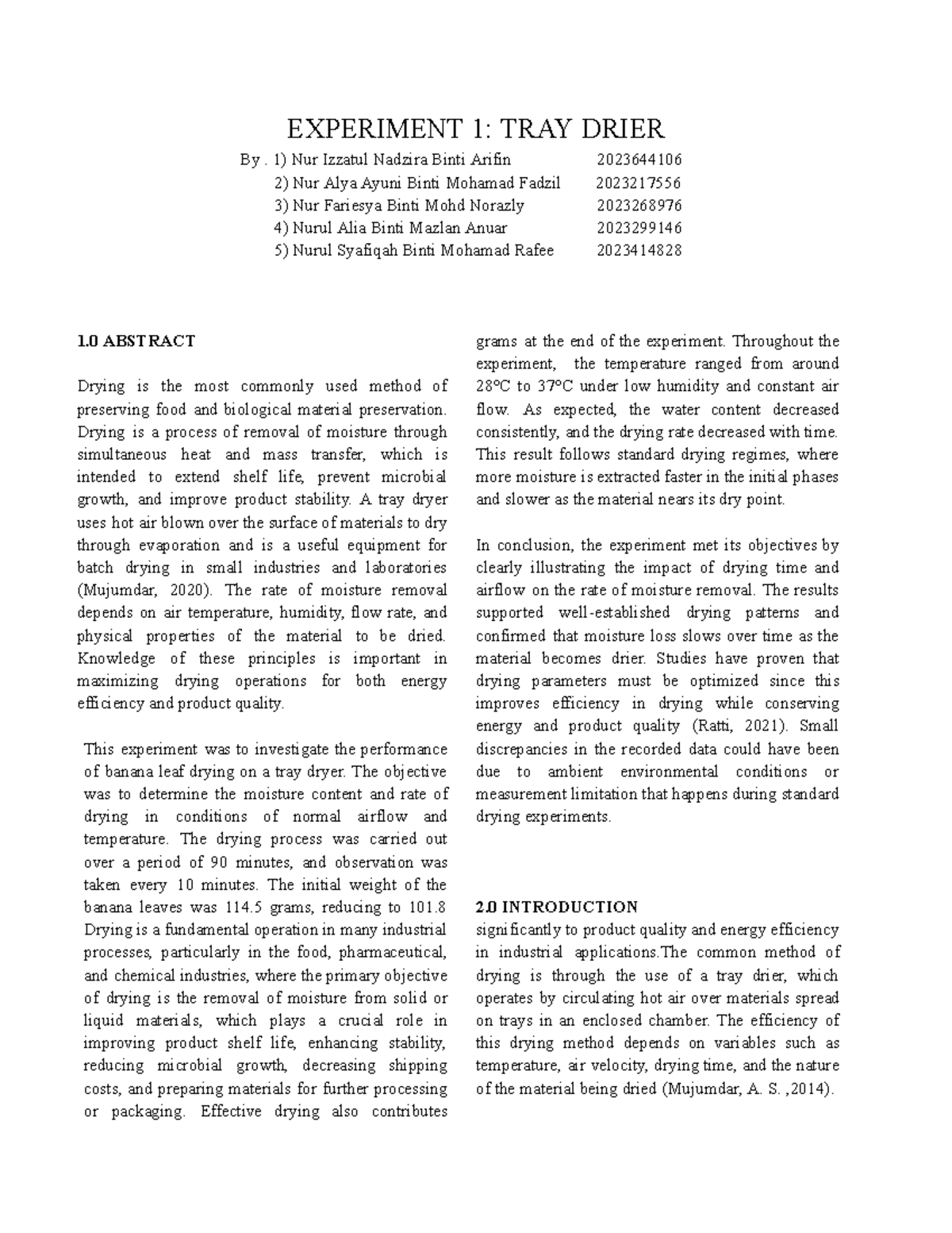 Experiment 1: Tray Drier Analysis and Results (Group 4) - Studocu