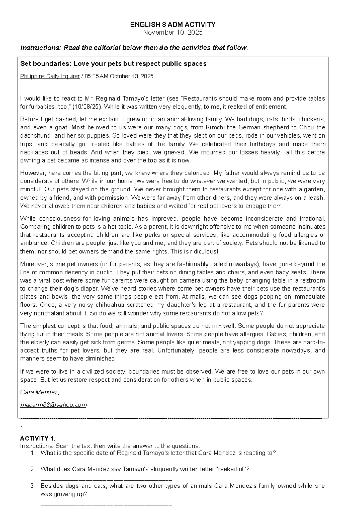 ENGLISH 8 ADM ACTIVITY: Set Boundaries - Editorial Analysis - Studocu