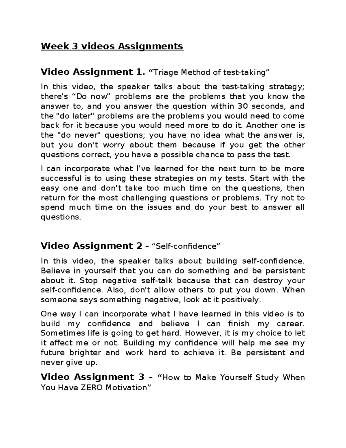 Week 3 Assign. Video - Passed - Week 3 videos Assignments Video Assignment 1. “Triage Method of ...