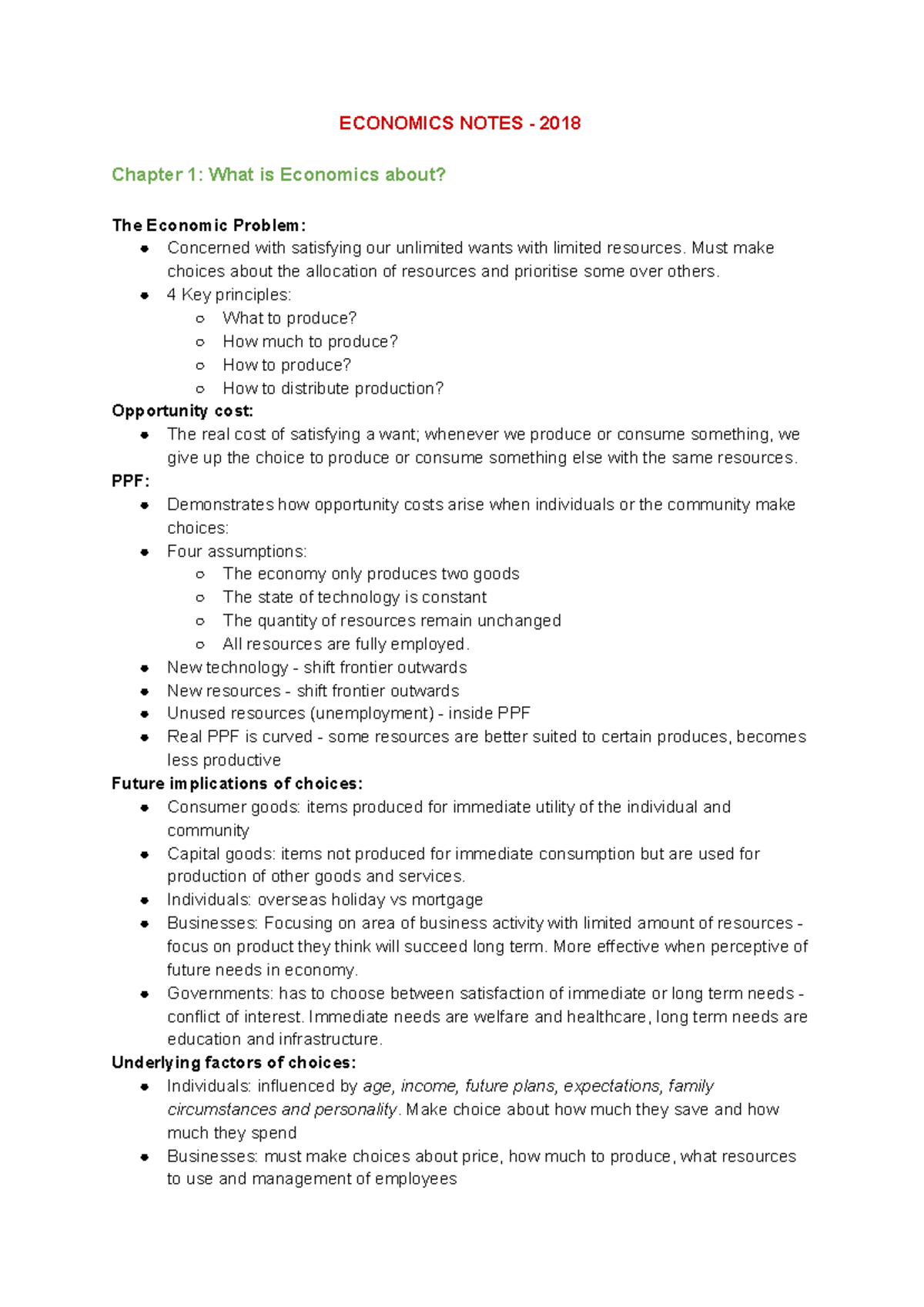 ECONOMICS NOTES 2018: Key Concepts and Principles Overview - Studocu