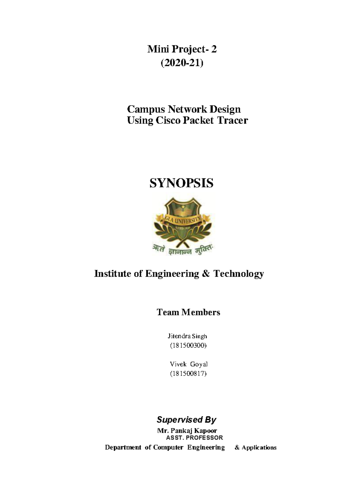 Campus Network Design Mini Project 2020 21 Using Cisco Packet Tracer
