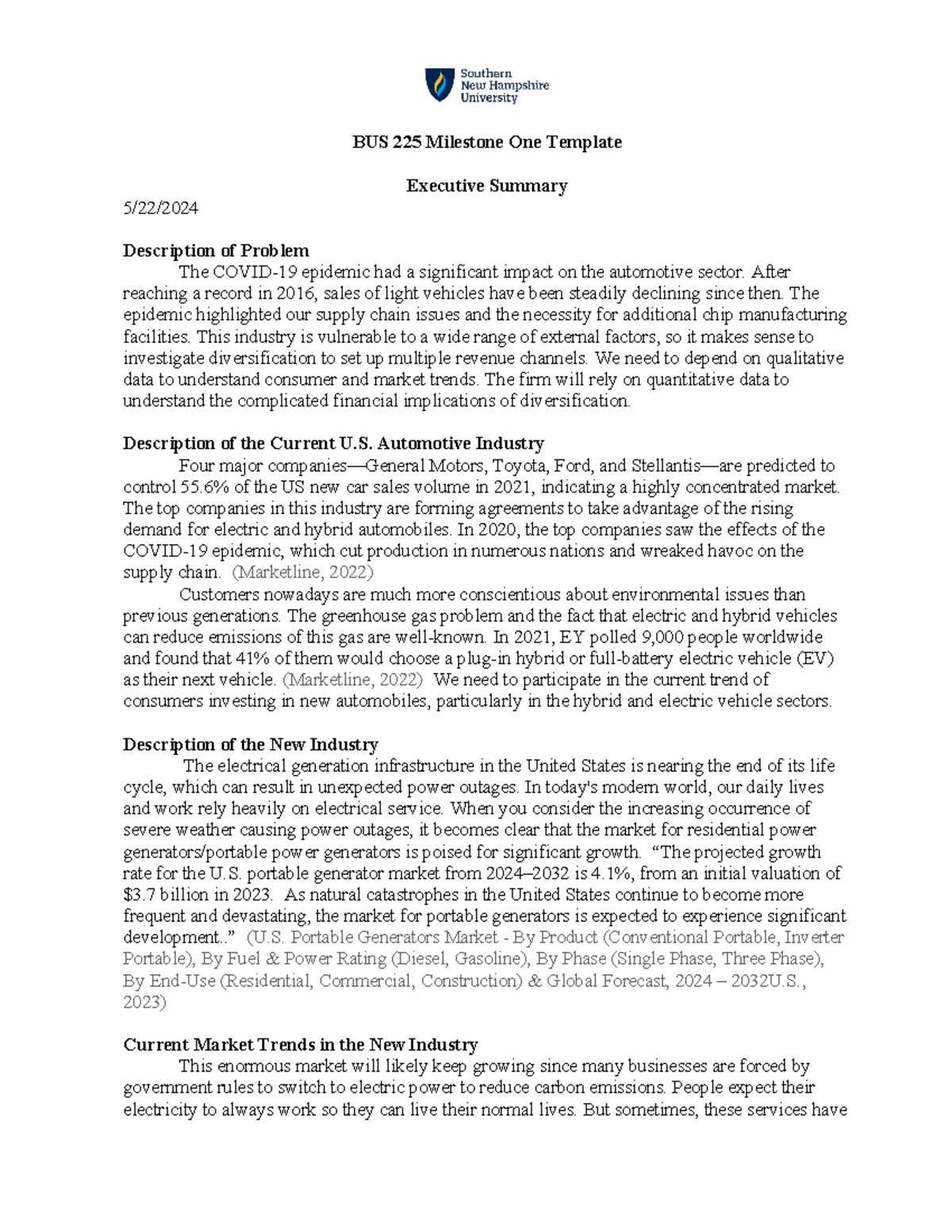 BUS 225 Project One: Market Analysis of Automotive & Generator ...