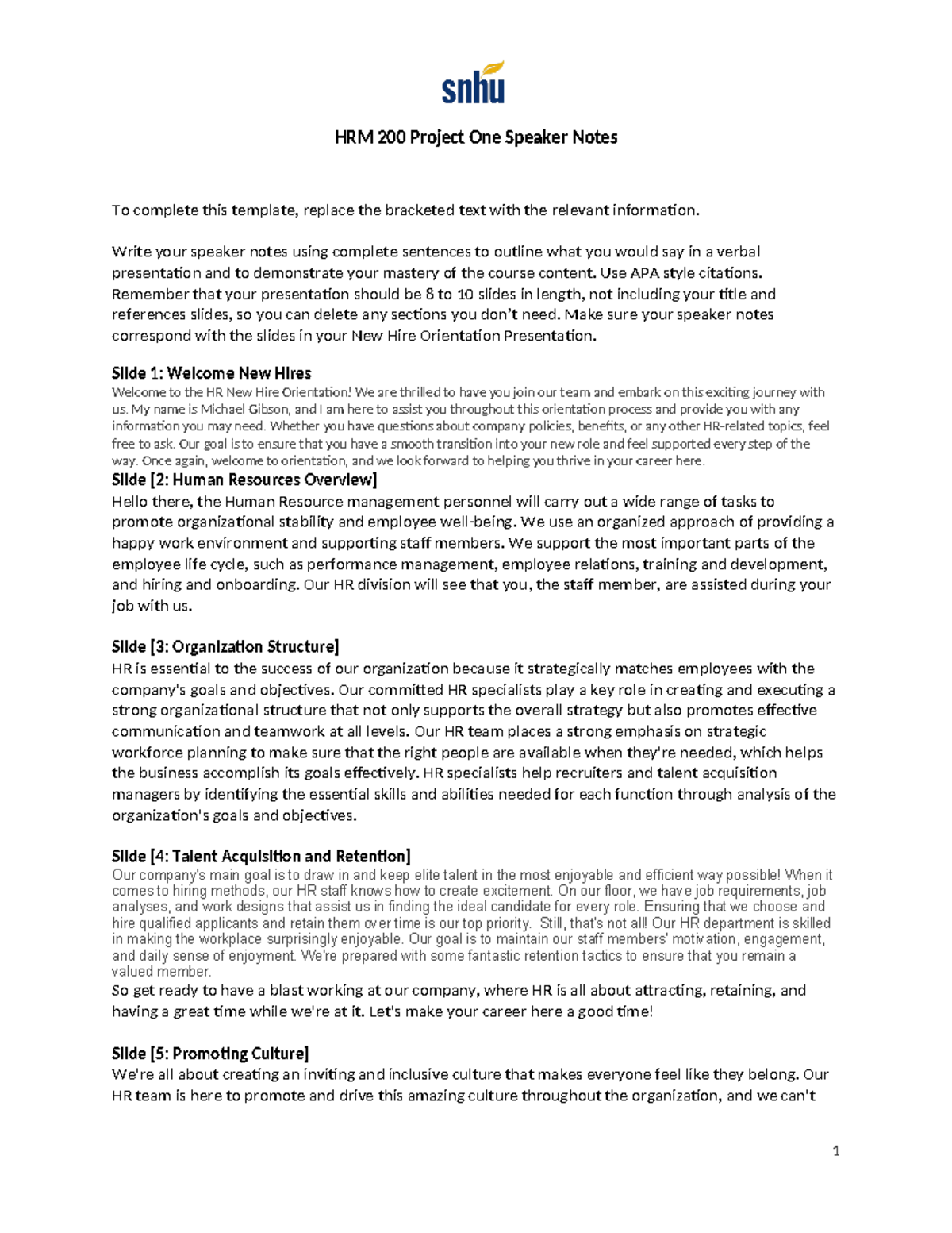HRM 200 Project One: Comprehensive Speaker Notes for Orientation - Studocu