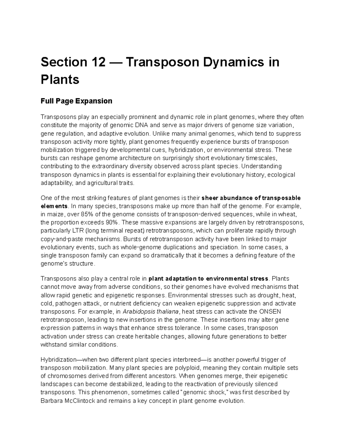 Transposon Dynamics in Plants: Evolution, Adaptation, and Diversity ...