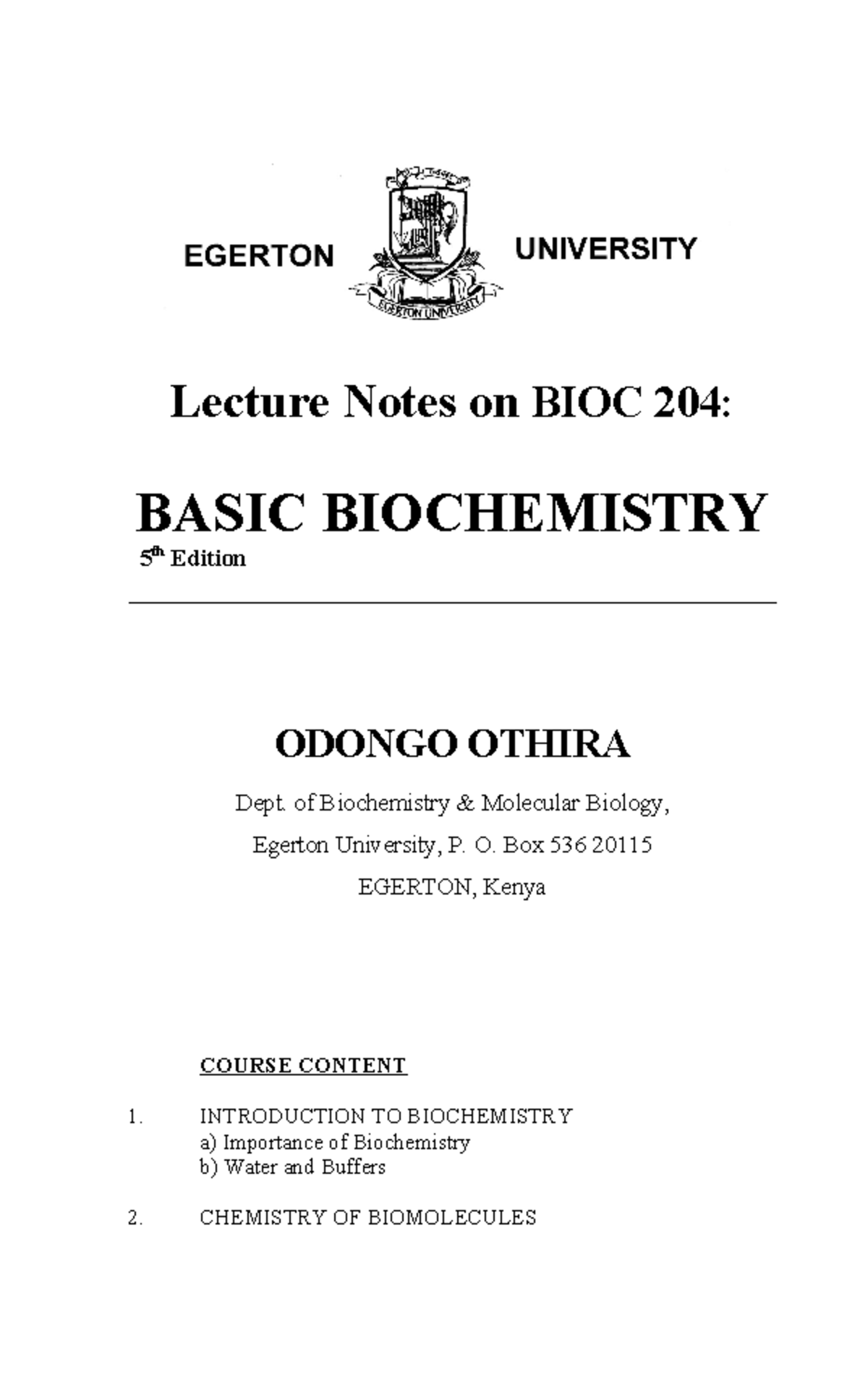 Lecture Notes on BIOC 204: Basic Biochemistry Overview - Studocu