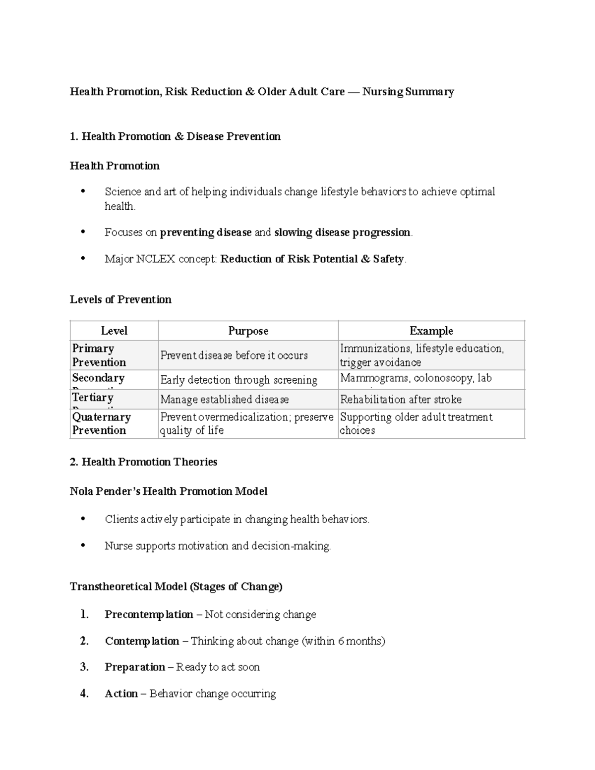 NUR 103 Exam 2 Study Guide: Health Promotion & Older Adult Care - Studocu