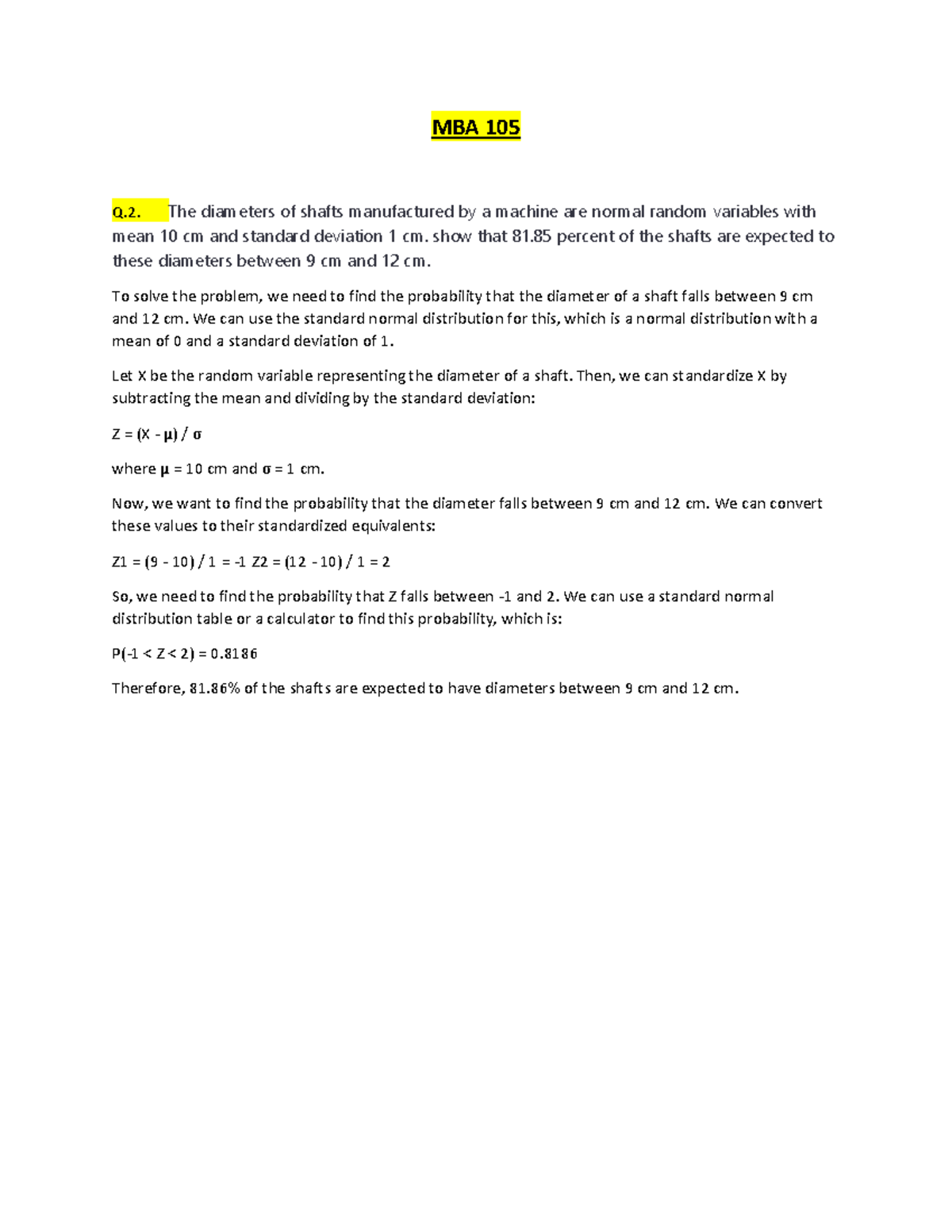 MBA 105 - Probability Distribution and Expectations Analysis - Studocu