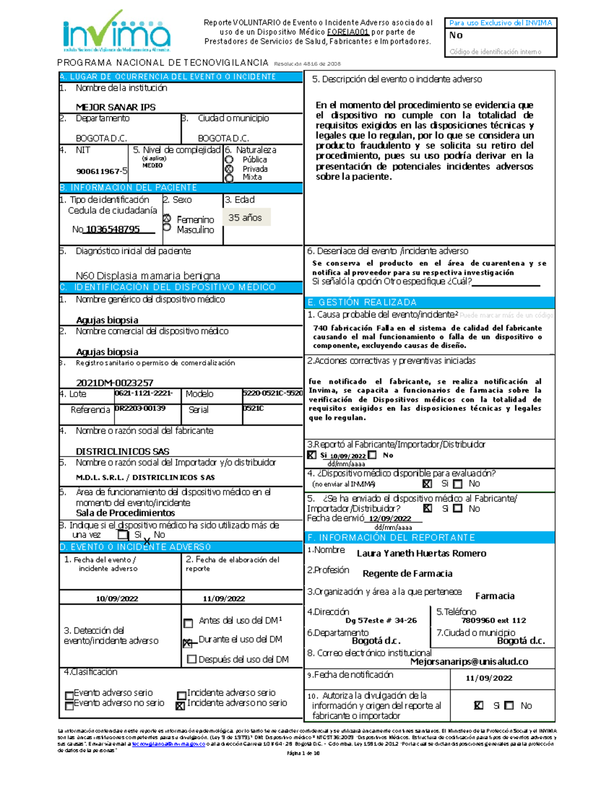 Reporte de Evento Adverso de Dispositivo Médico FOREIA001 - INVIMA ...
