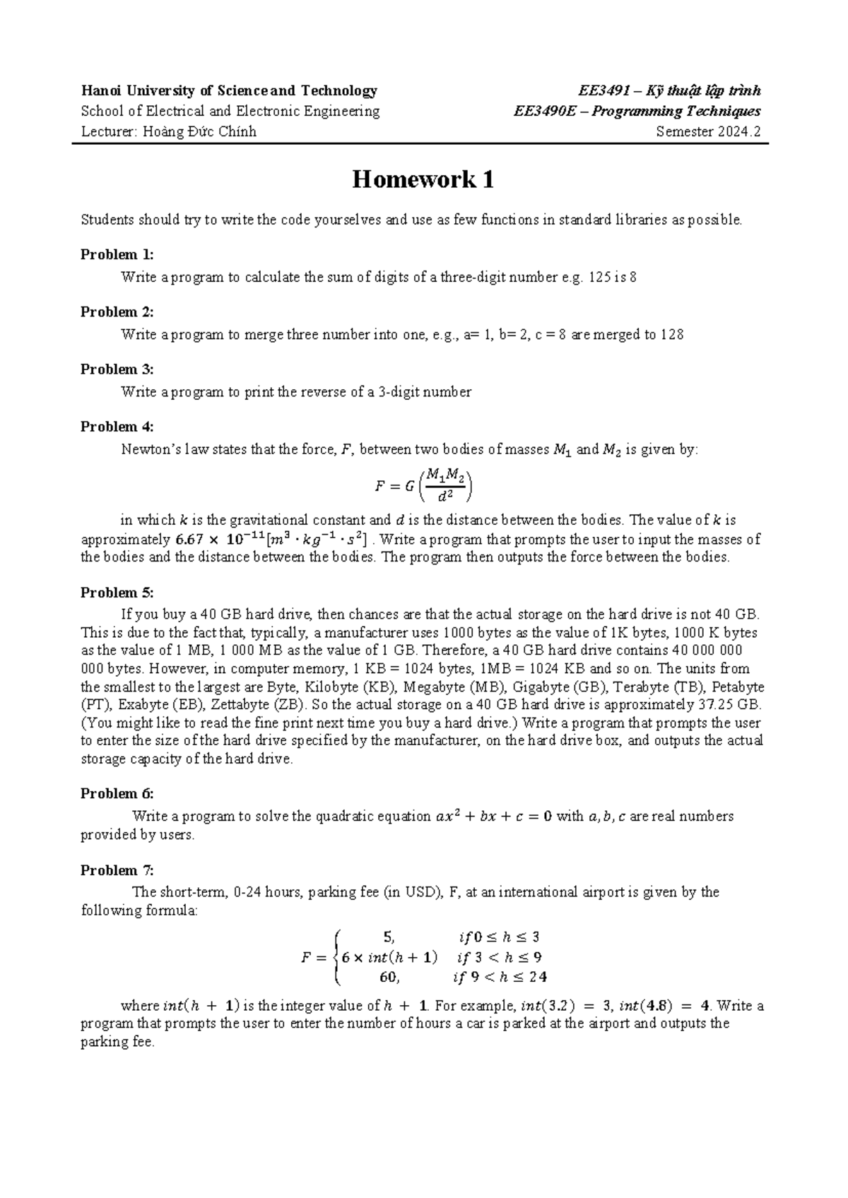 HW01 20242 - Programming Techniques Homework 1 Solutions - Studocu