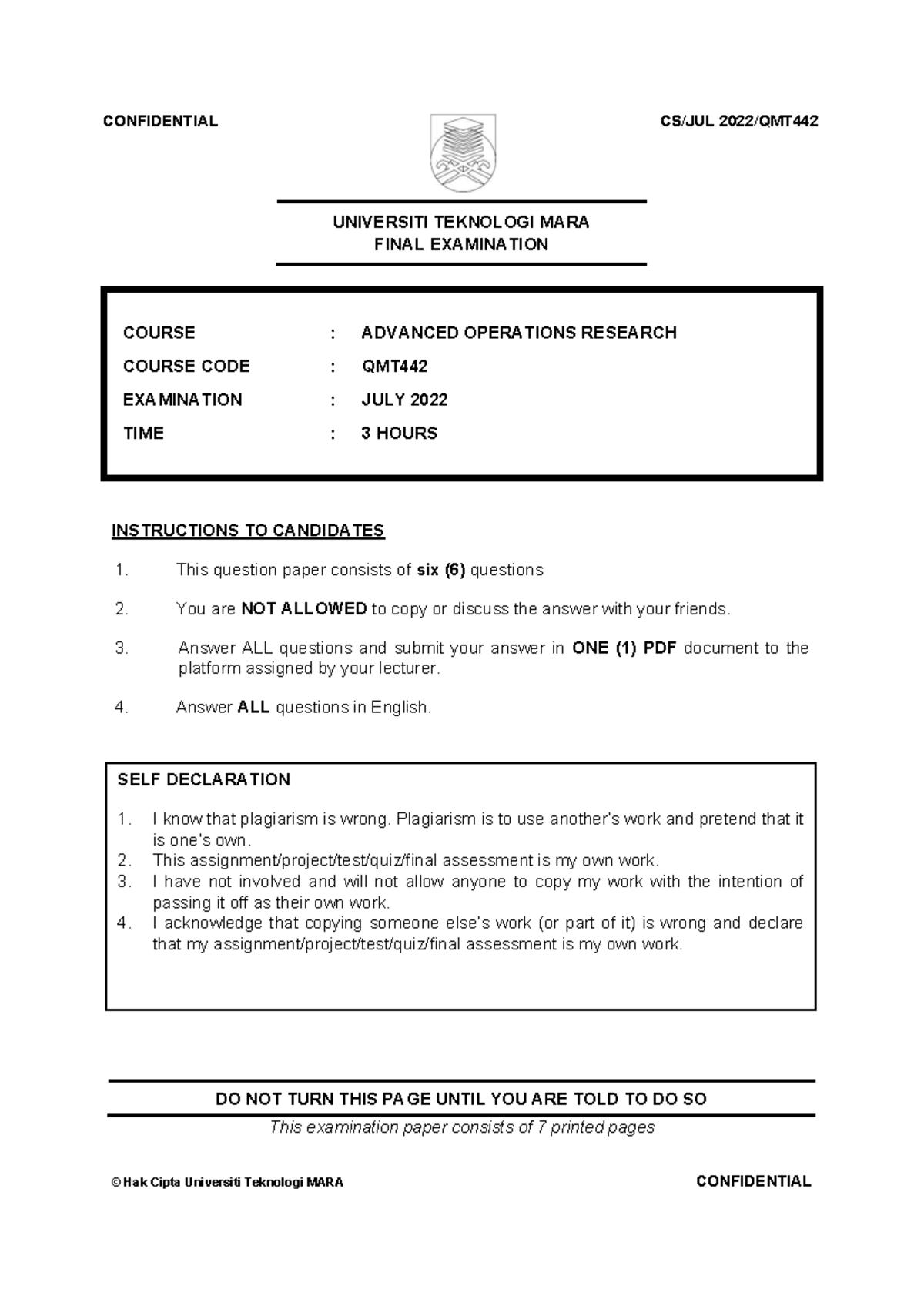 QMT - Advanced Operations Research Final Exam July 2022 - Studocu