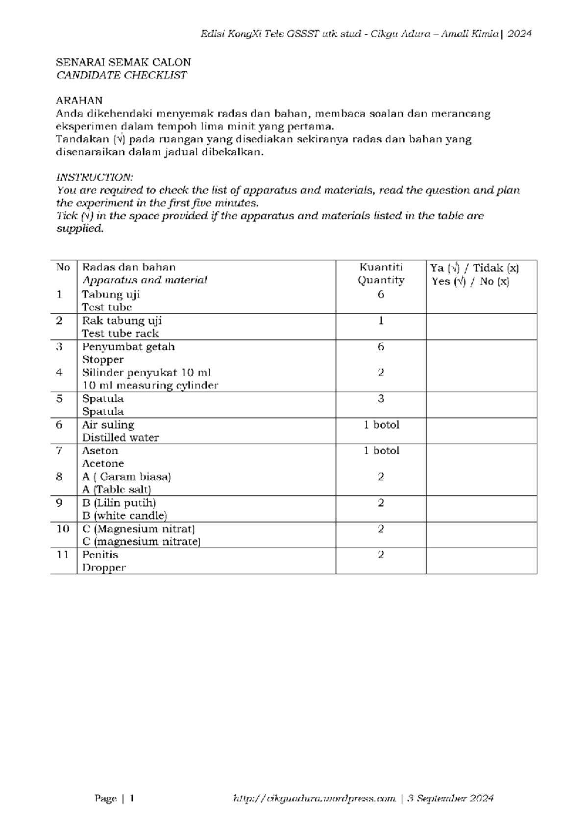 Edisi KongXi Tele GSSST Amali Kimia 2024 - Checklist & Prosedur ...