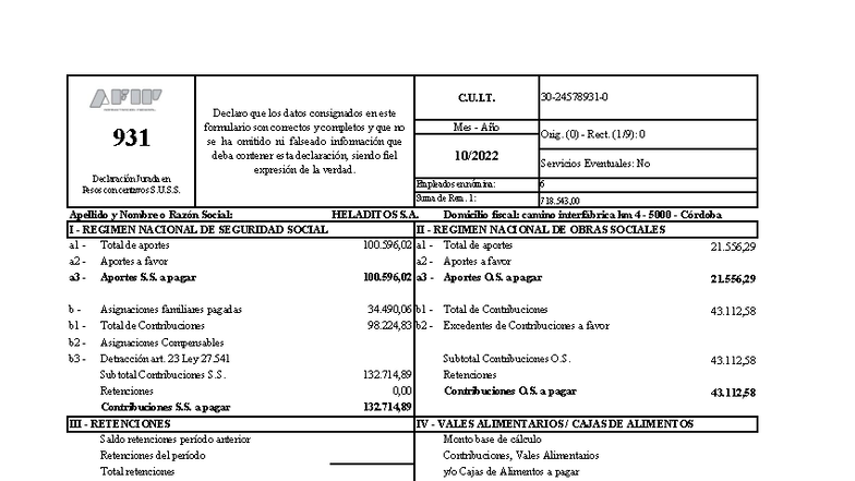 C.U.I.T. 931 Formulario Declaración Jurada de Aportes y Retenciones ...