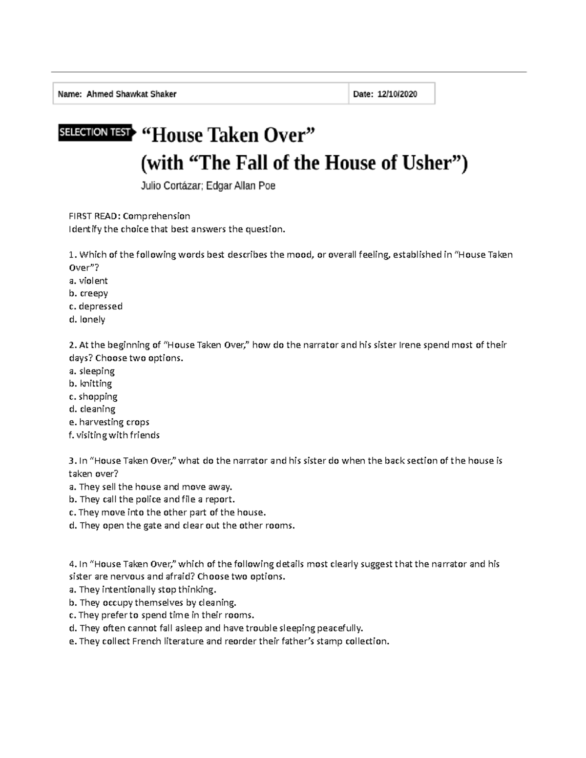 Analysis of "House Taken Over": Themes and Characterization - Studocu