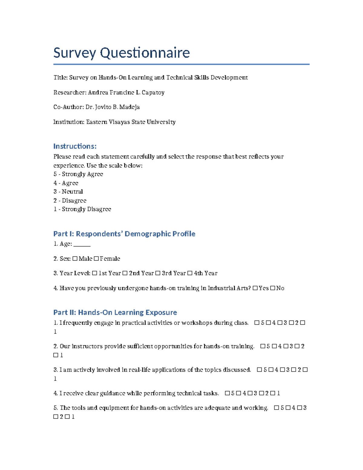 Survey Questionnaire on Hands-On Learning & Tech Skills Dev. - Studocu