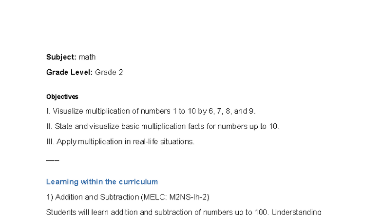 Grade 2 Math: Visualizing Multiplication (6-9) Lesson Plan - Studocu