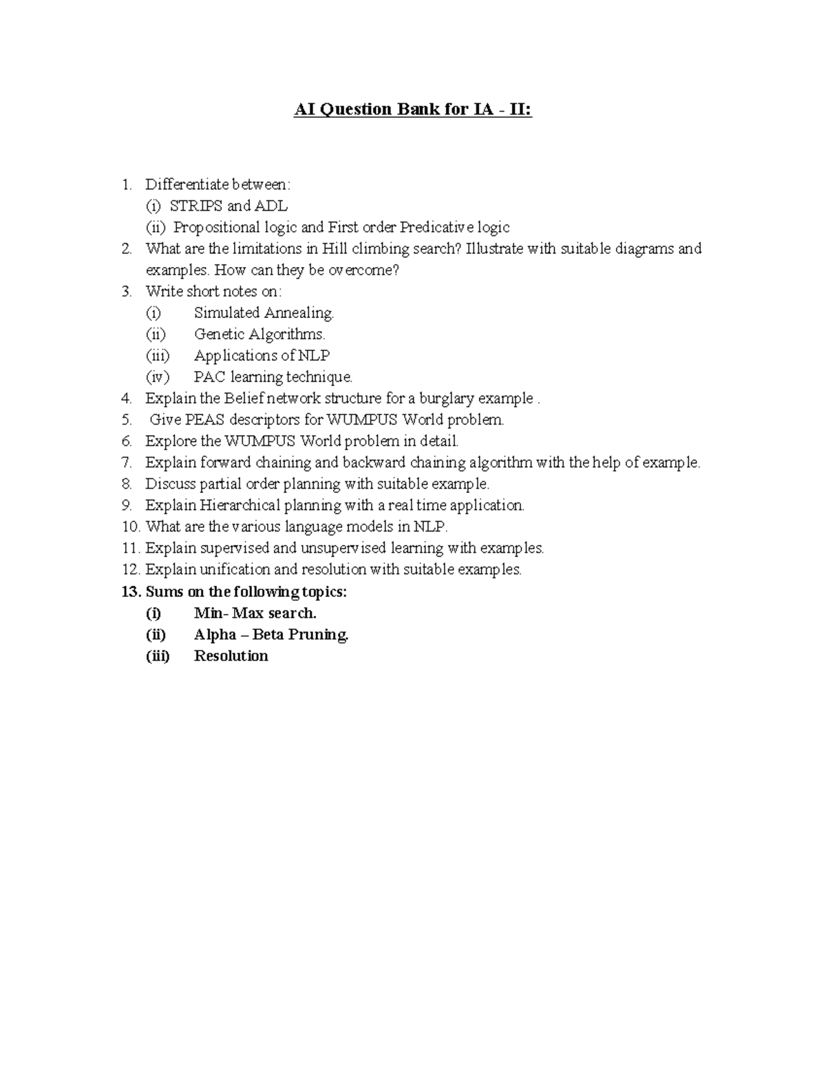 AI Question Bank for IA II: Key Concepts and Techniques in AI - Studocu