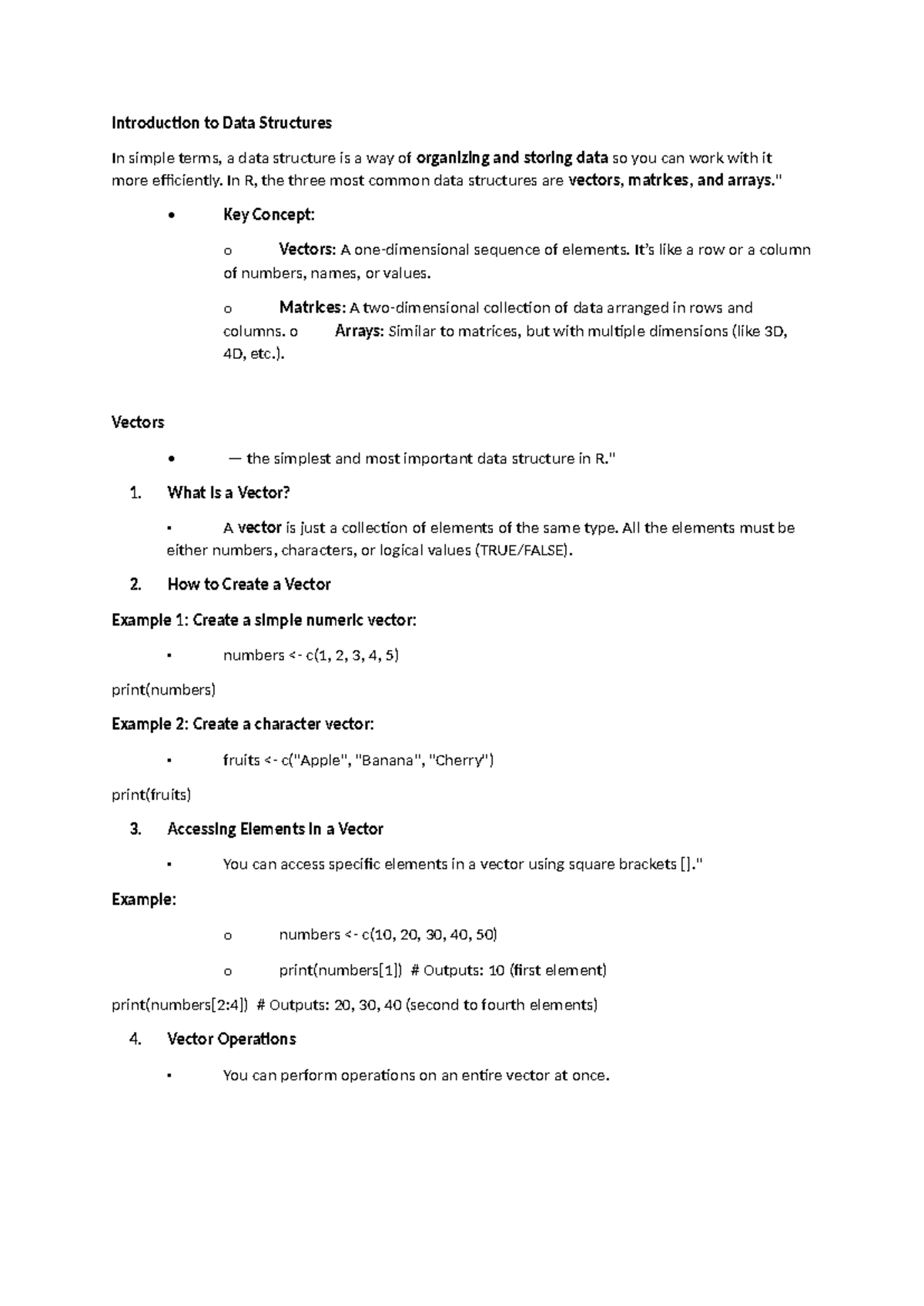 Introduction to Data Structures: Vectors, Matrices, and Arrays - Studocu