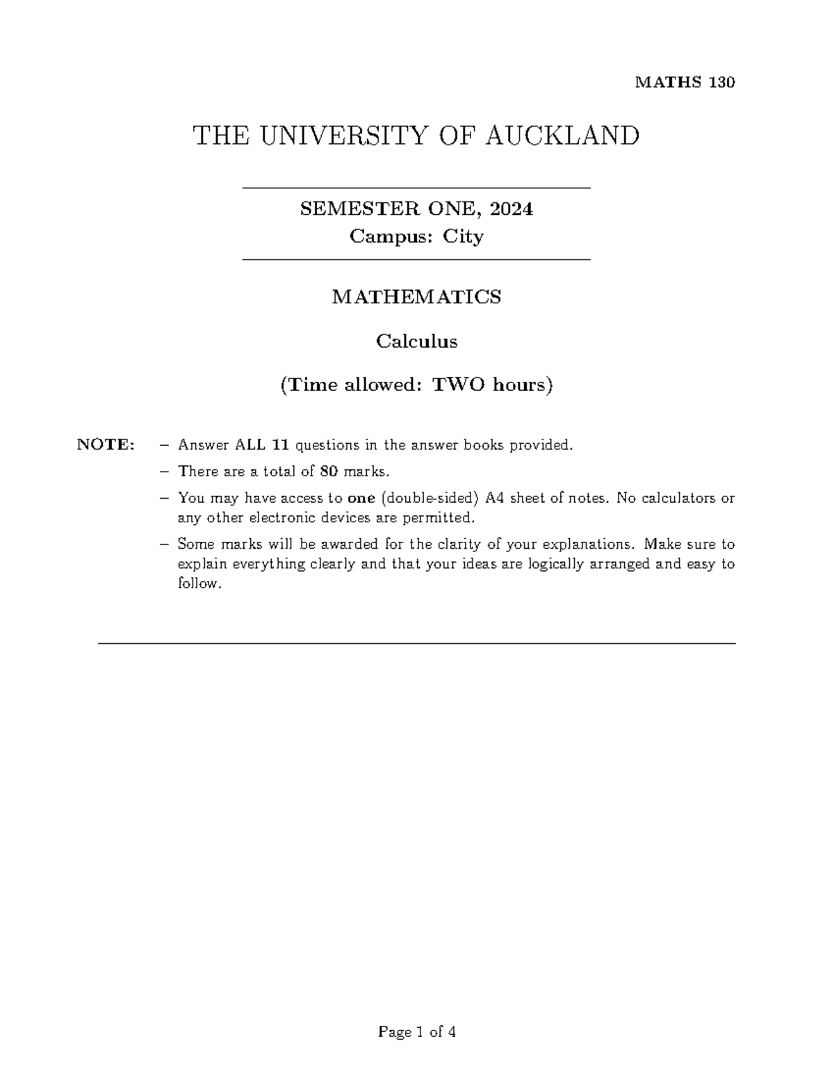 MATHS 130 S1 2024 - Calculus Past Exam Questions and Solutions - Studocu