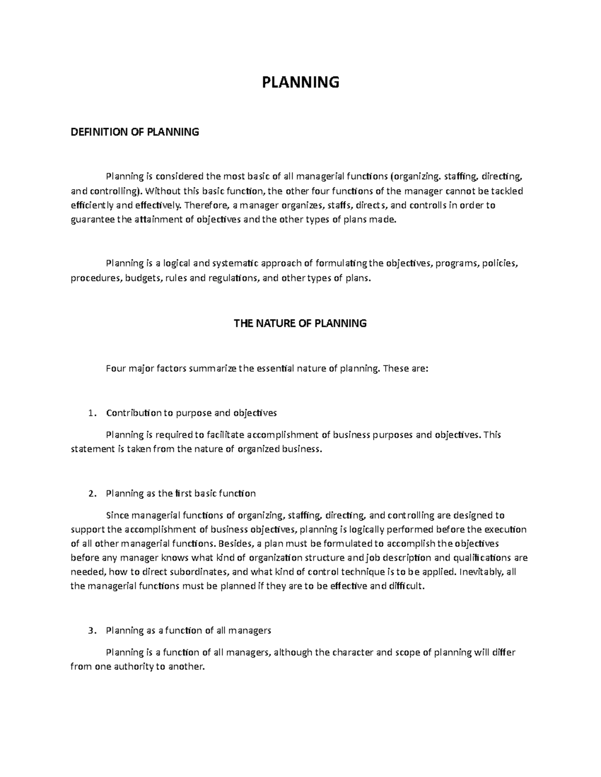 Understanding the Definition and Nature of Planning in Management - Studocu
