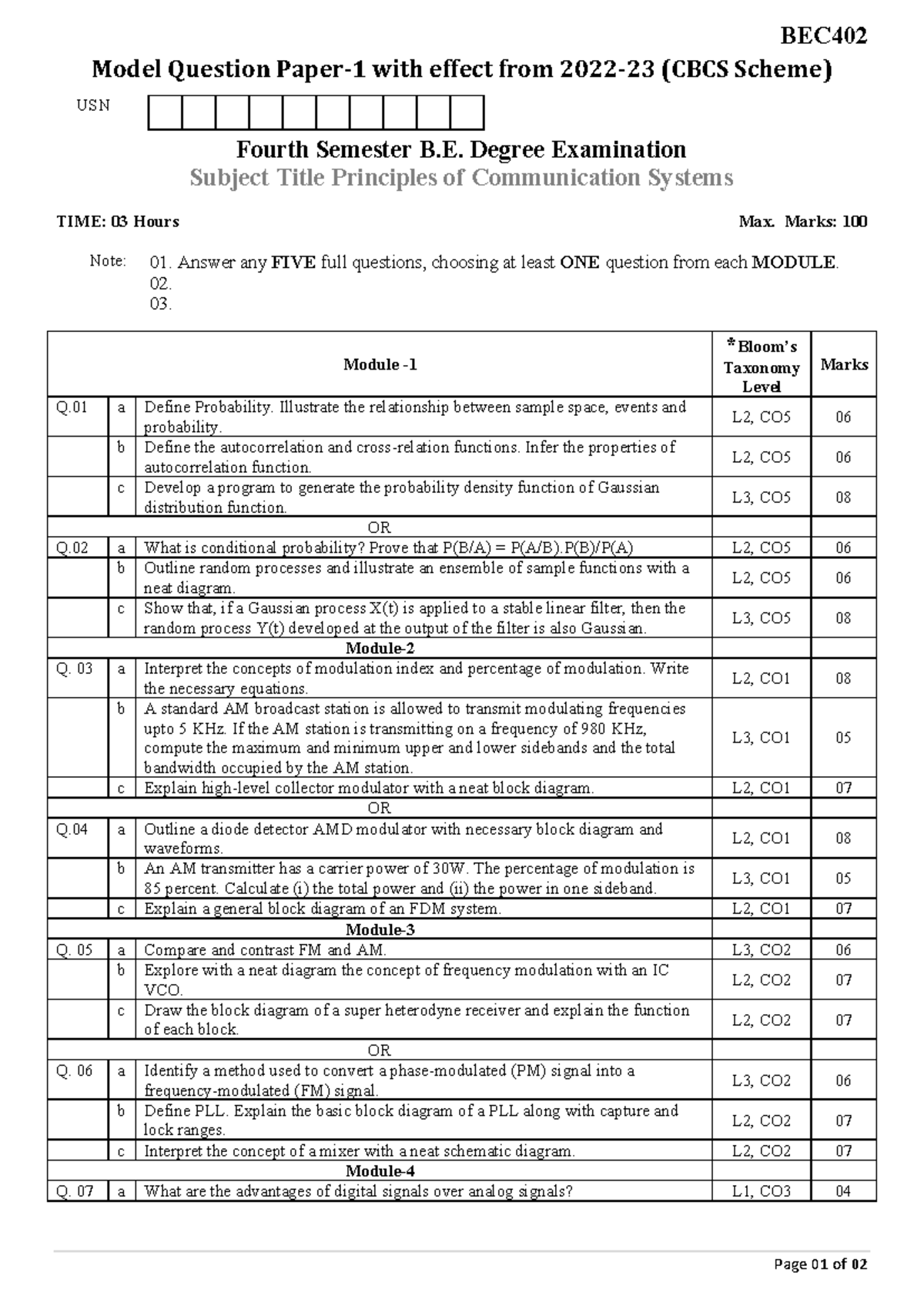 BEC402 - Model Question Paper for Principles of Communication Systems ...