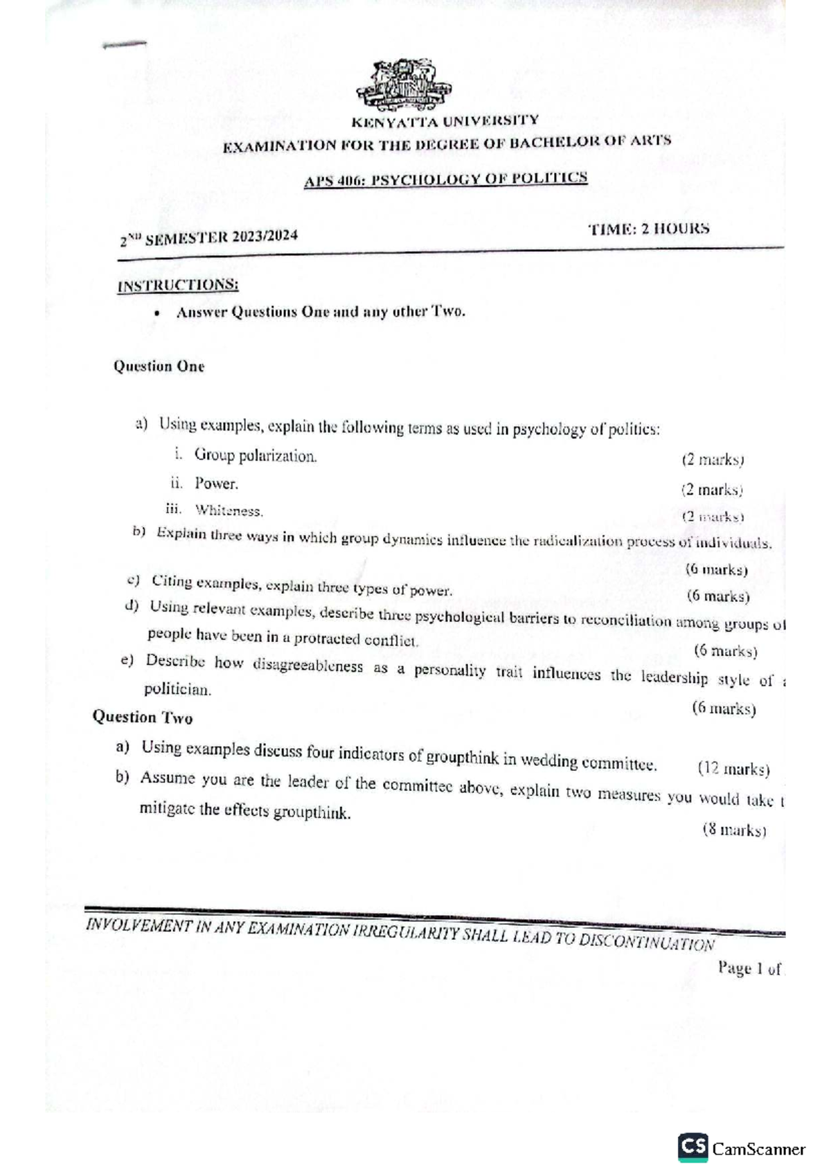 APS 406: Psychology of Politics Exam Questions and Insights - Studocu