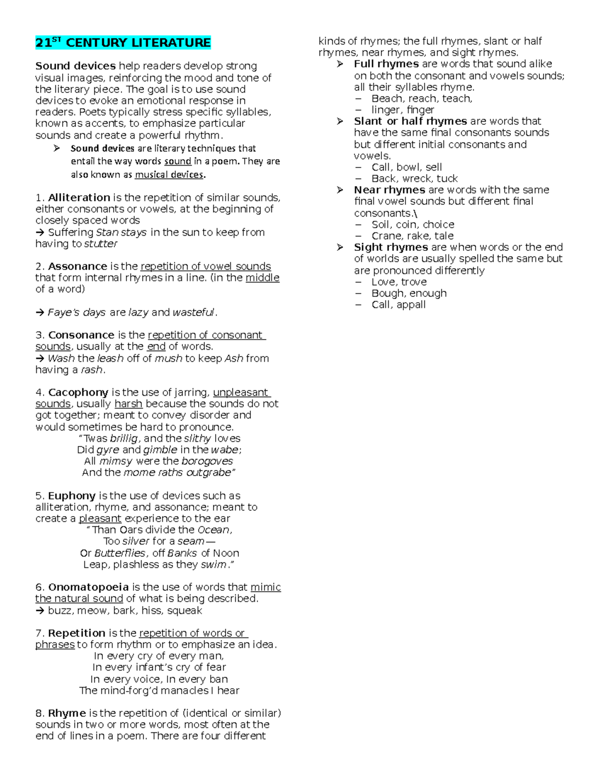 21st Century Lit. Review: Sound Devices in Poetry Analysis - Studocu