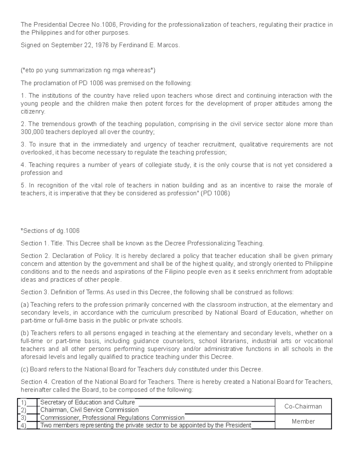 Pd - Summary of Presidential Decree No. 1006 on Teacher ...